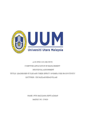 Assignment 2 Excel A212 - Computer Application in Management - UUM - Studocu