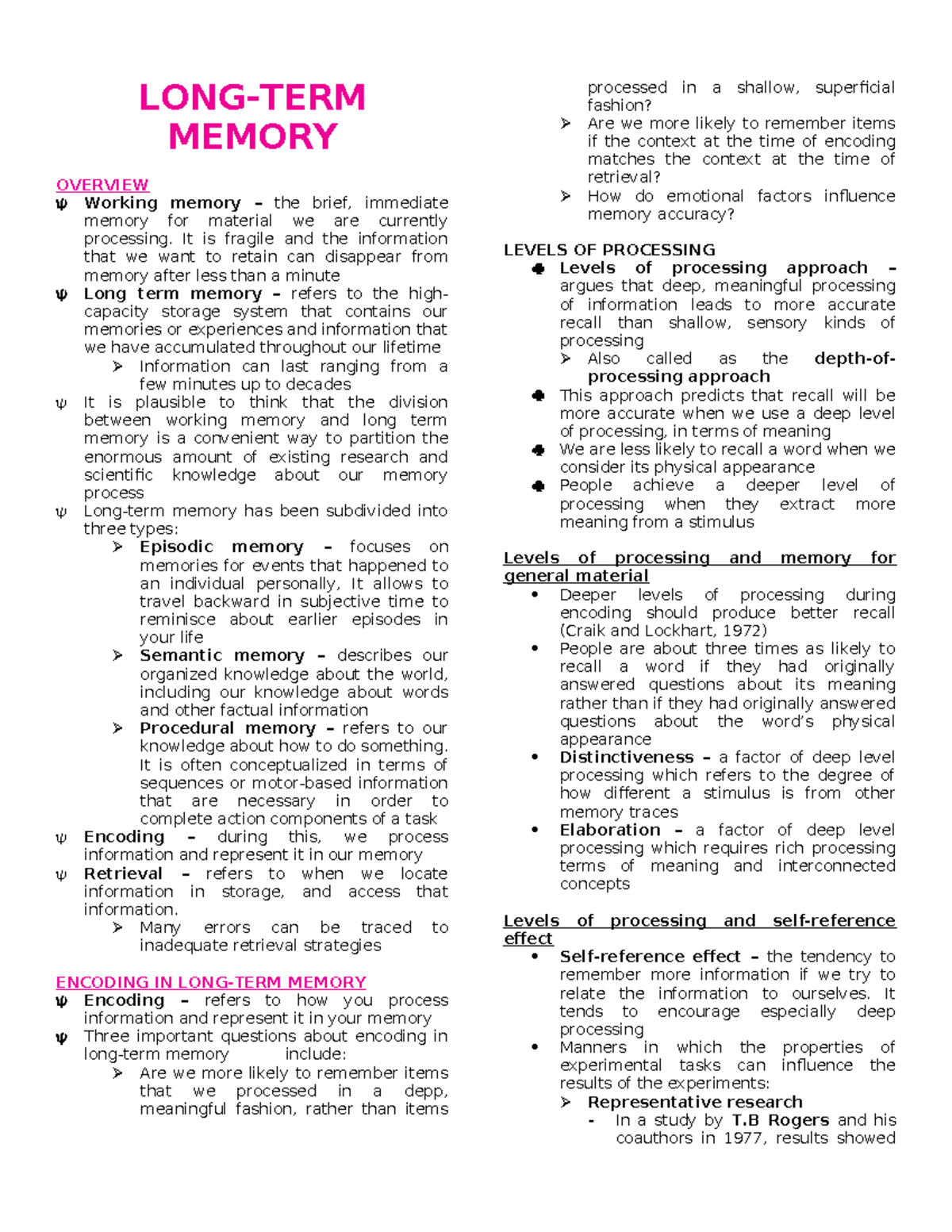 Cognitive Psychology CH5 Long-term memory - LONG-TERM MEMORY OVERVIEW ...