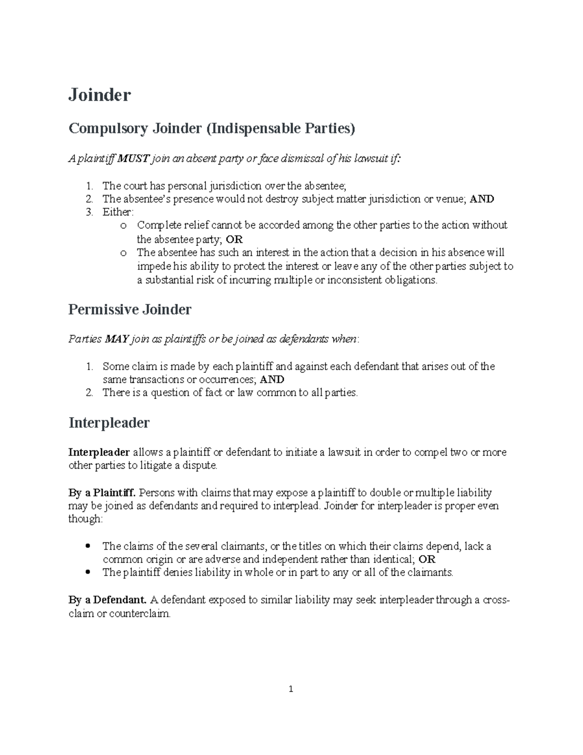 Civ Pro Spring outline - Joinder Compulsory Joinder (Indispensable ...