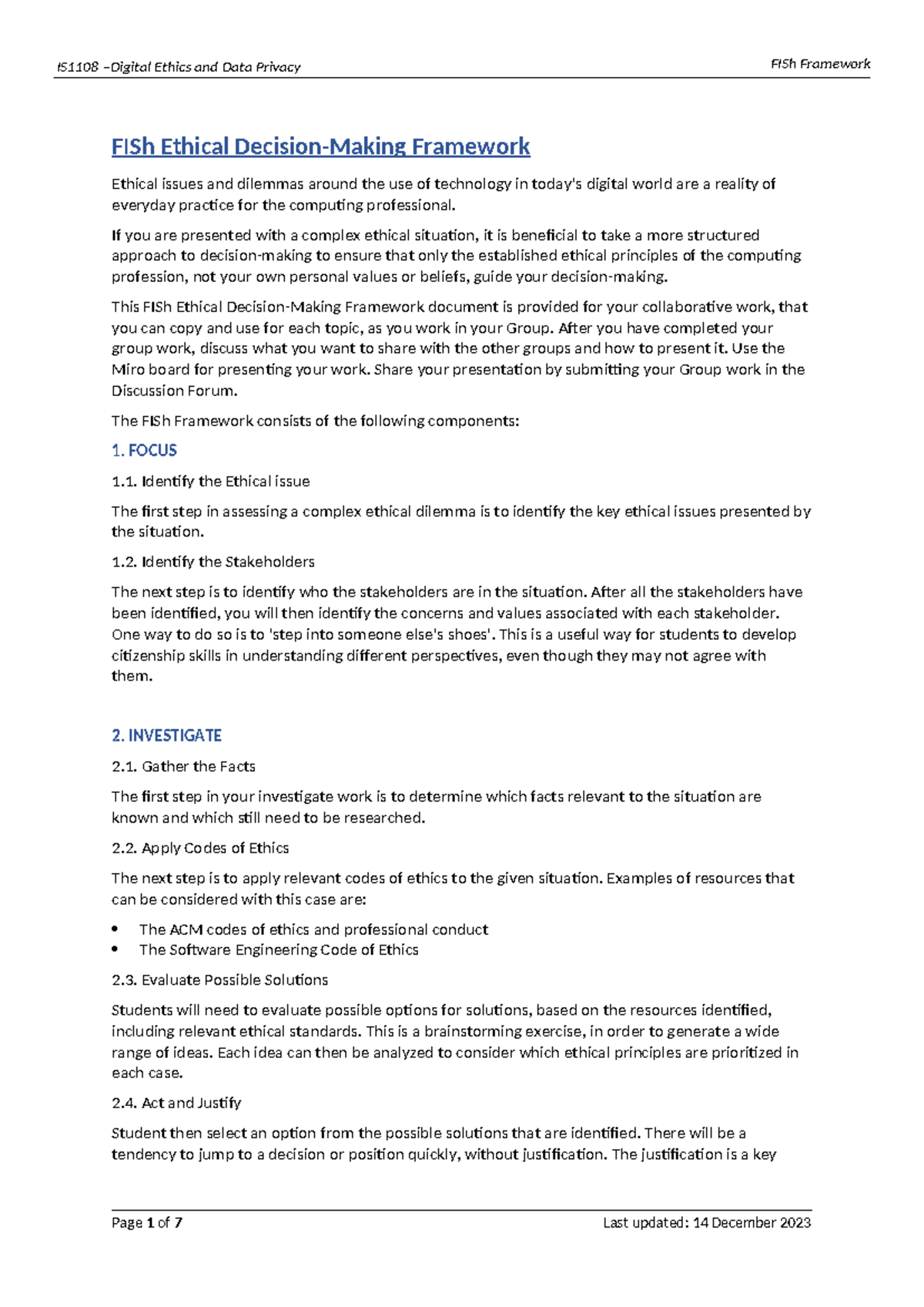 FISh Framework v0 - FISh Ethical Decision-Making Framework Ethical ...