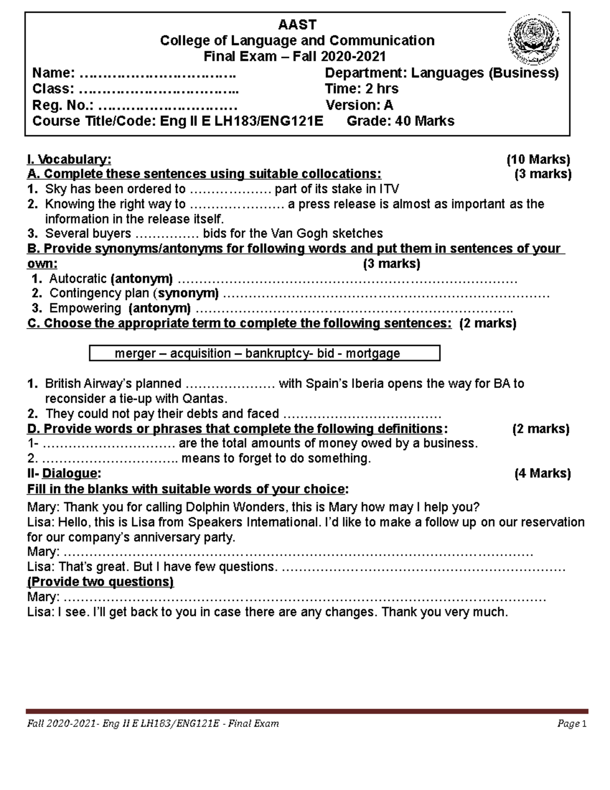 Eng 2 E Final Exam Version A - AAST College of Language and ...
