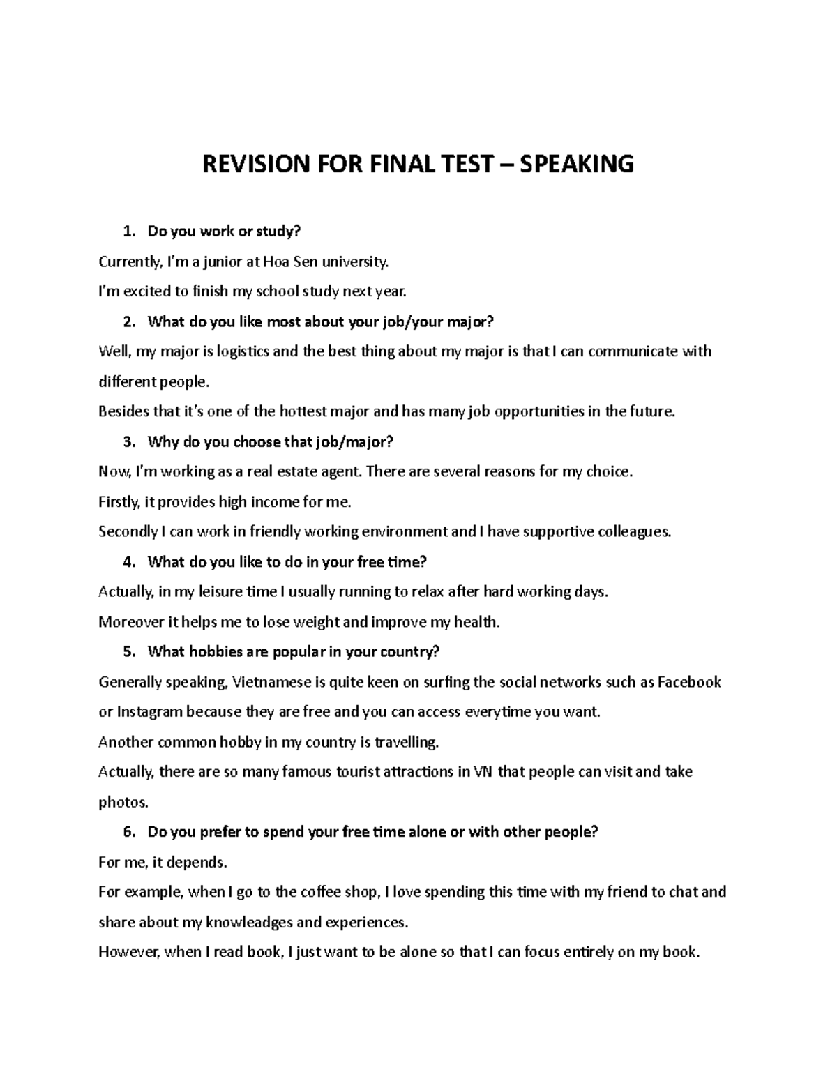 Revision FOR Final TEST Speaking - REVISION FOR FINAL TEST – SPEAKING ...