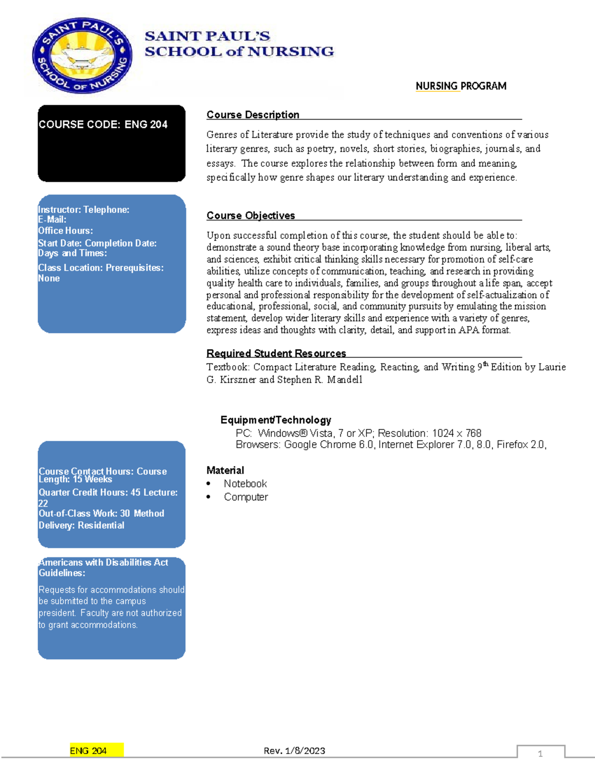 ENG 204 Syllabus Spring 2023 - ENG 204 Rev. 1/8/2023 1 NURSING PROGRAM ...