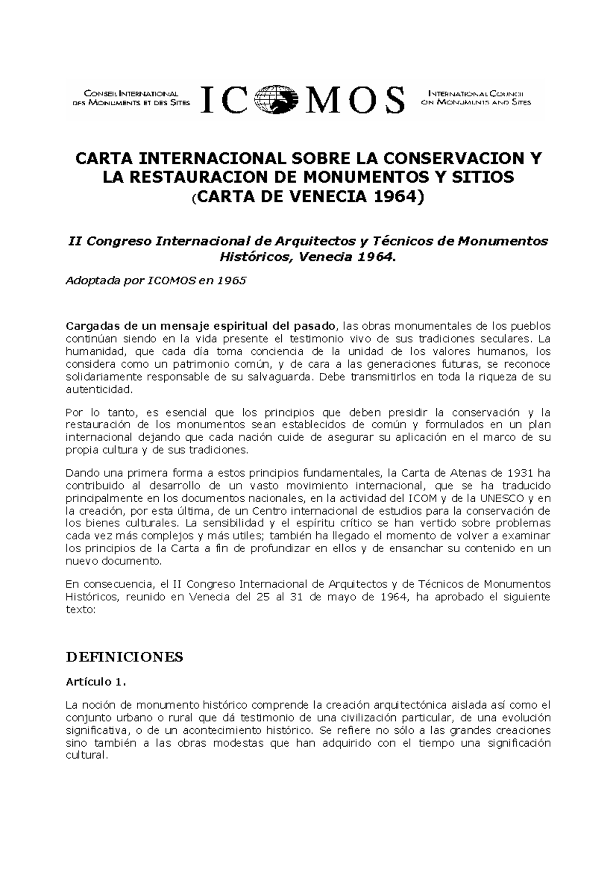 Carta de venecia 1964 - CARTA INTERNACIONAL SOBRE LA CONSERVACION Y LA ...