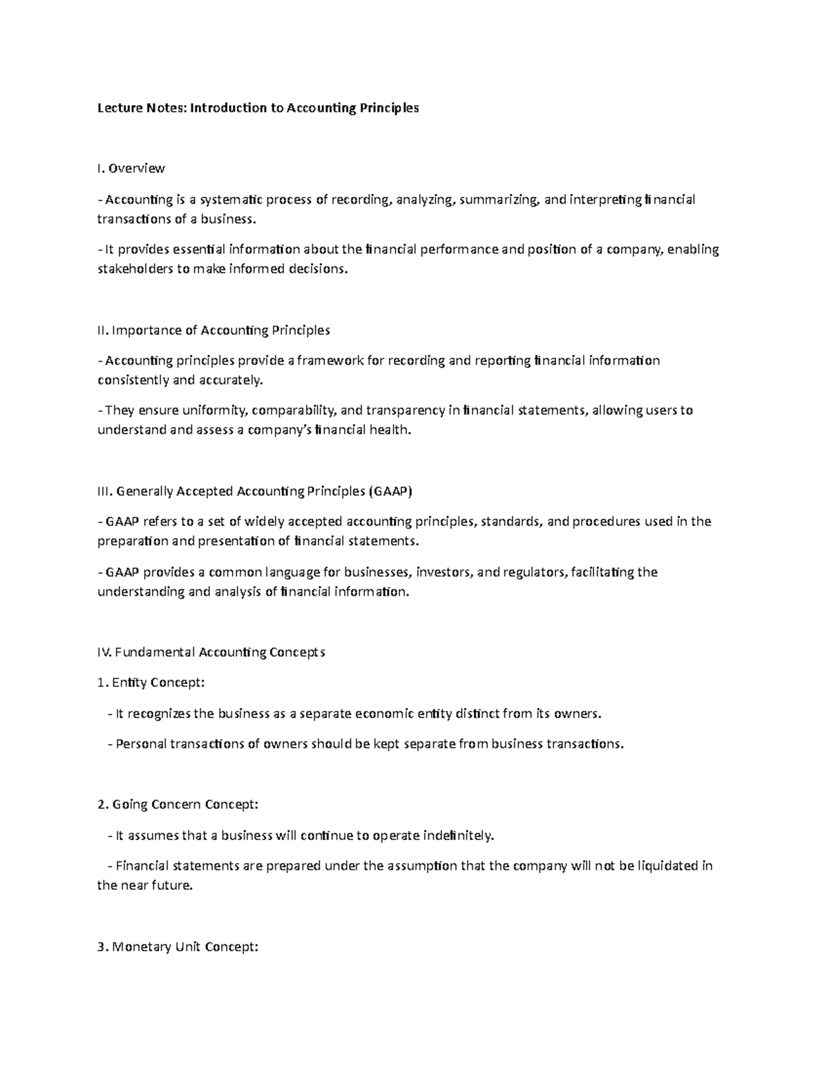 Lecture Notes: Introduction to Accounting Principles - Overview ...