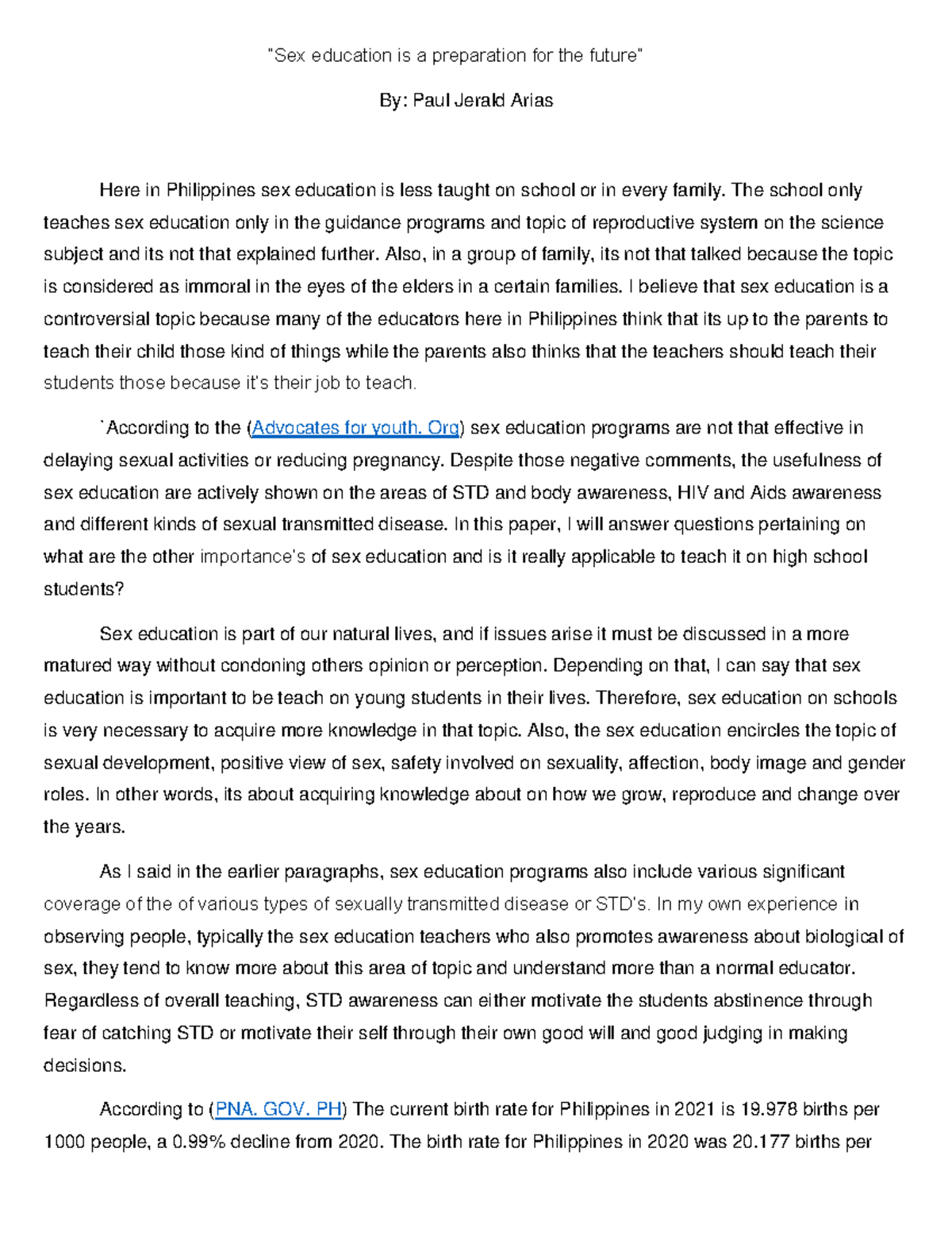 I Am Sharing Eapp Position Paper With You “sex Education Is A