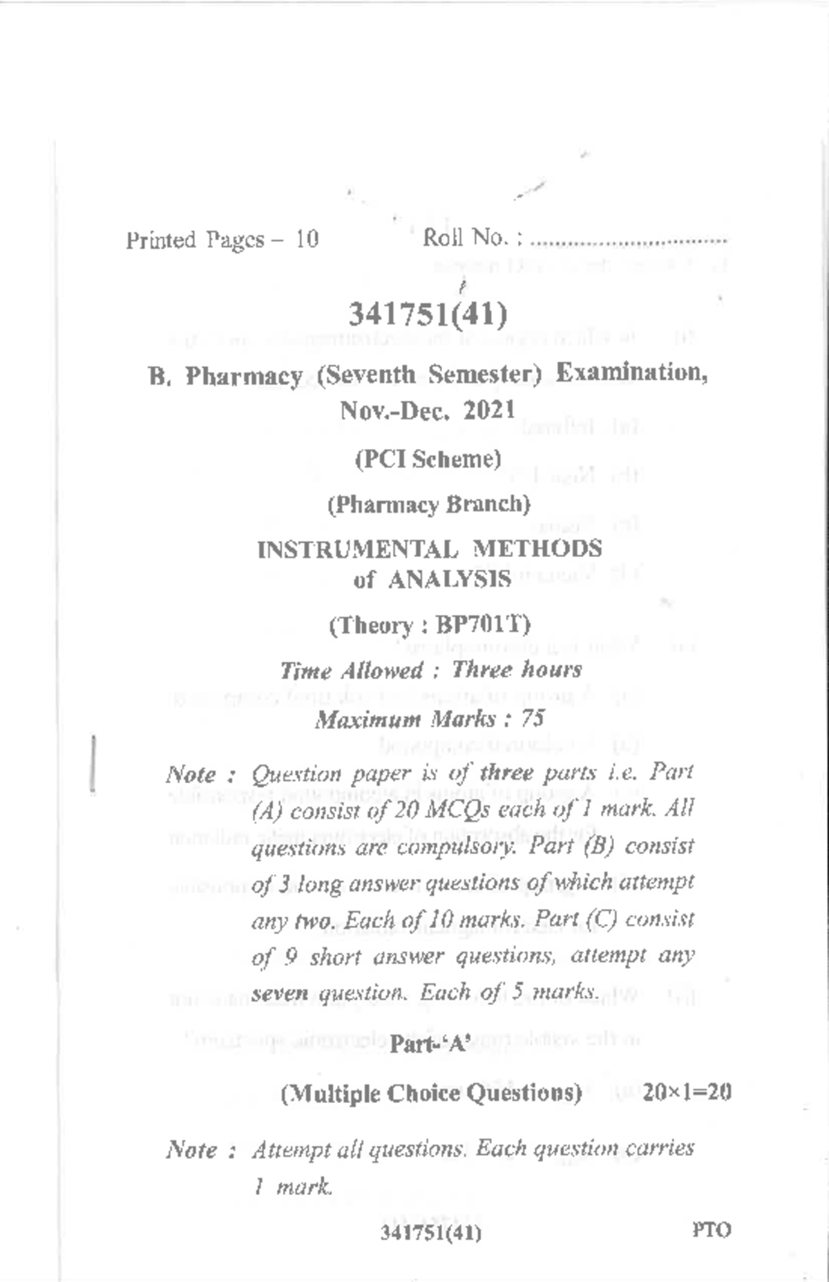 341751(41) - Que.paper for 7 th sem instrumenal method of analysis ...
