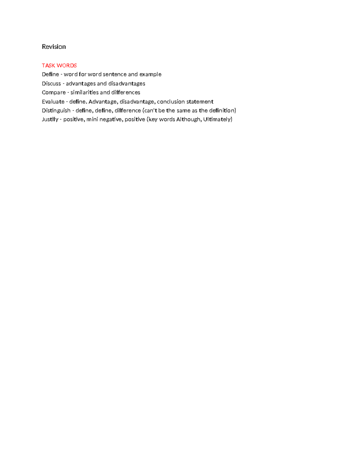 Revision - Revision TASK WORDS Define - word for word sentence and ...
