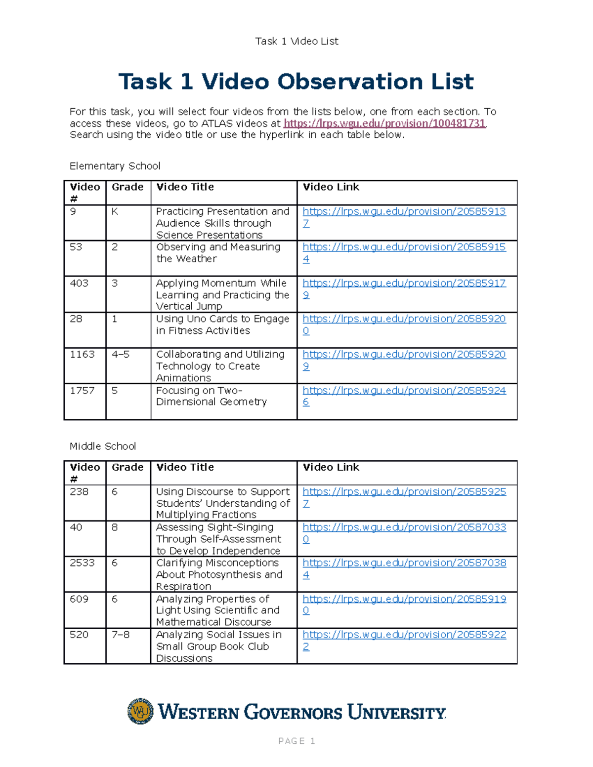Video Observation List on what to write on - Task 1 Video List Task 1 ...