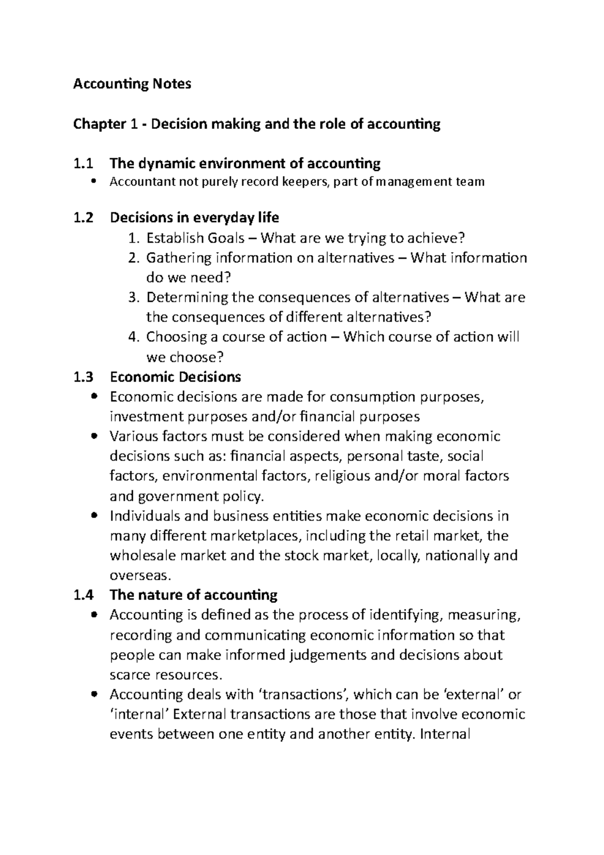 Accounting Notes - Summay Quick - Accounting Notes Chapter 1 Decision ...