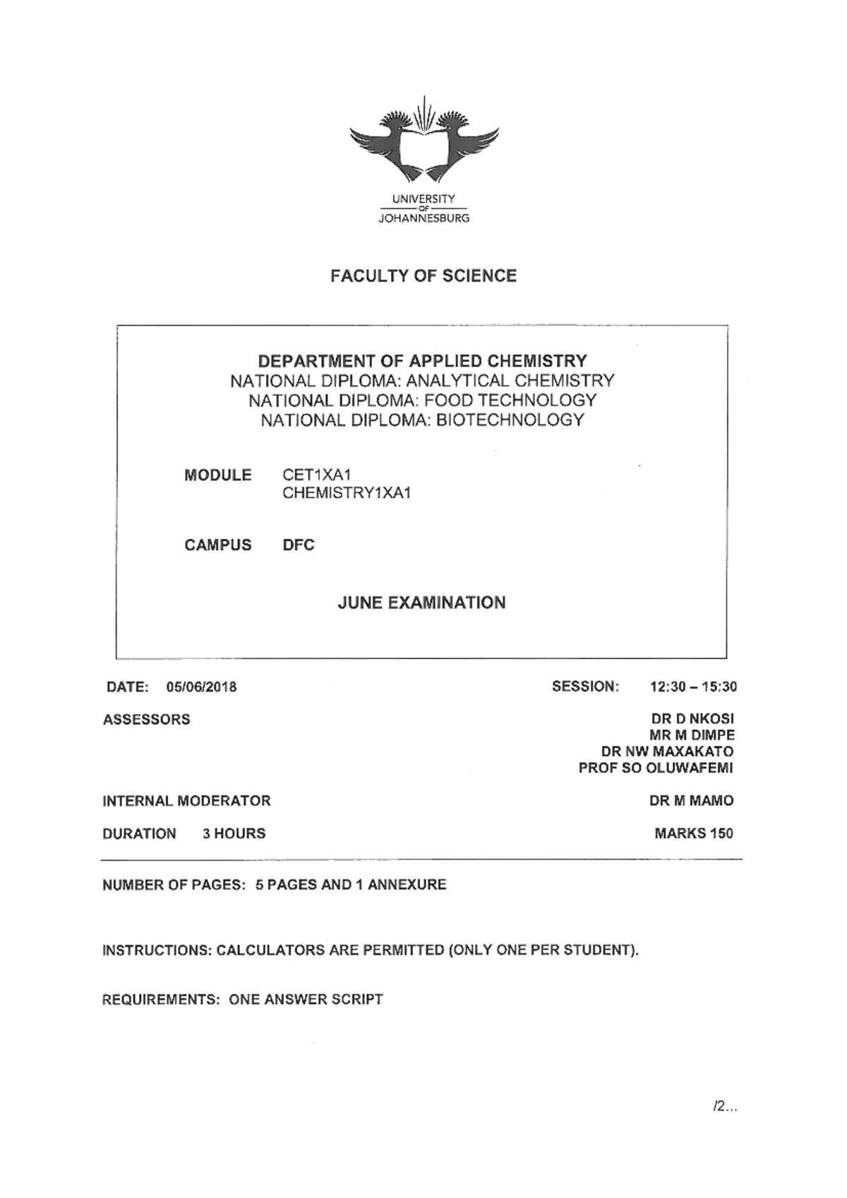 Uj 29633+ Source 1+ Source 1 - UNIVERSITY OF JOHANNESBURG FACULTY OF SCIENCE DEPARTMENT OF ...