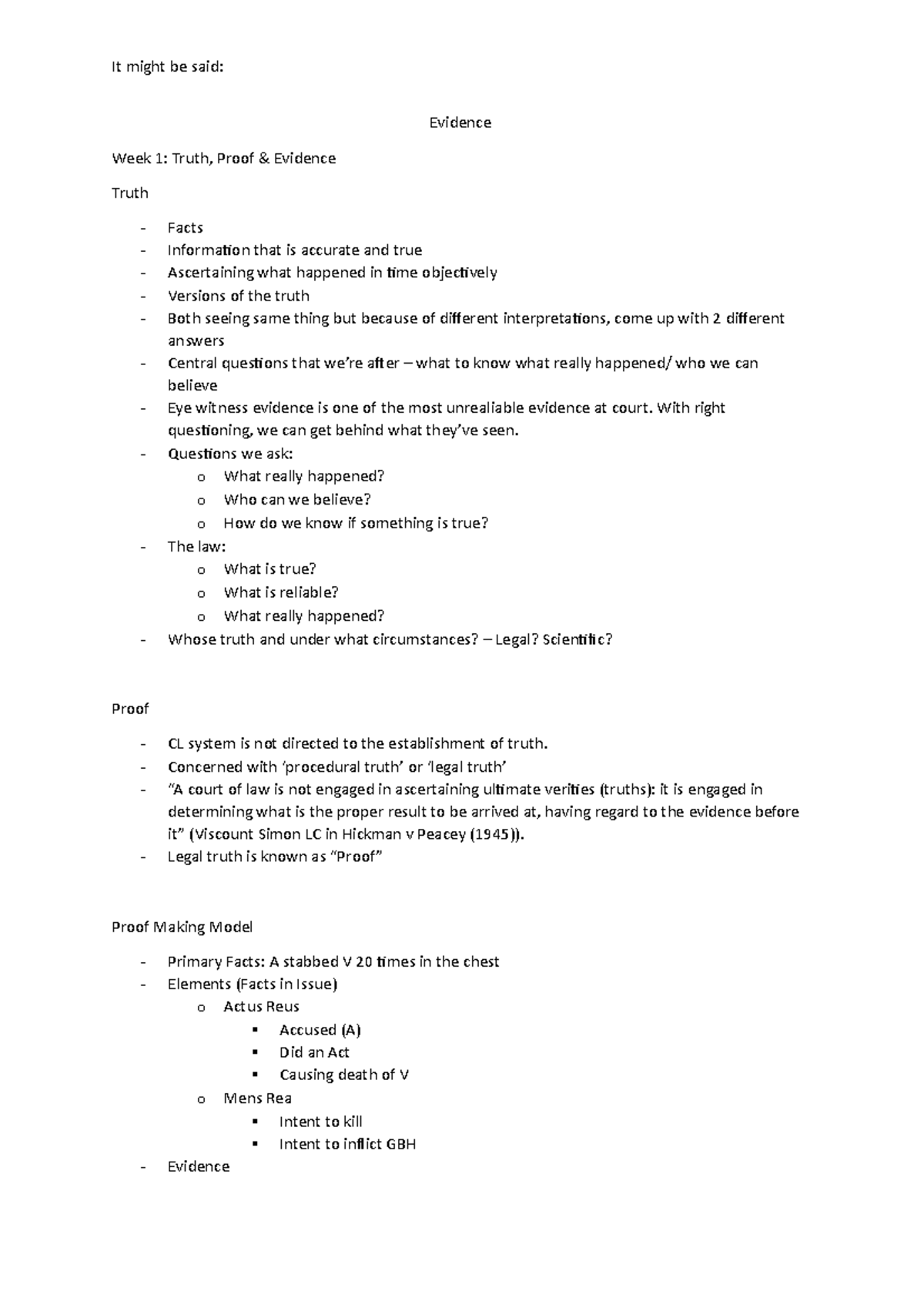 Evidence - Evidence Week 1: Truth, Proof & Evidence Truth Facts ...