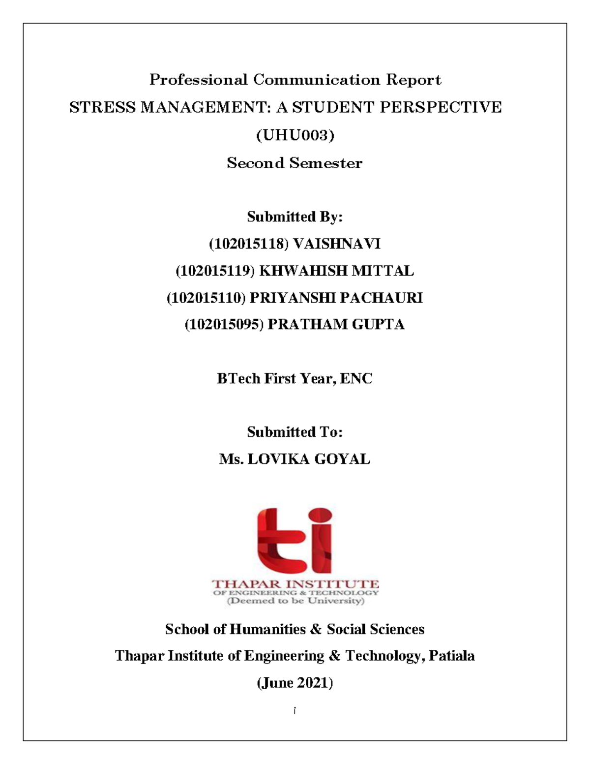 Stress Management Report - i Professional Communication Report STRESS ...