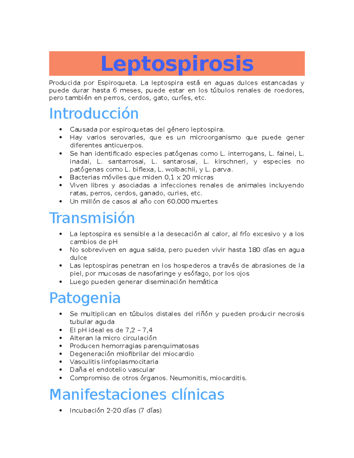 Leptospirosis - Apuntes - Leptospirosis Producida por Espiroqueta. La ...