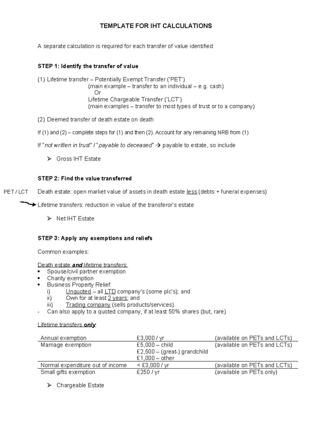 Inheritance Tax - Template FOR IHT Calculations - with comments ...