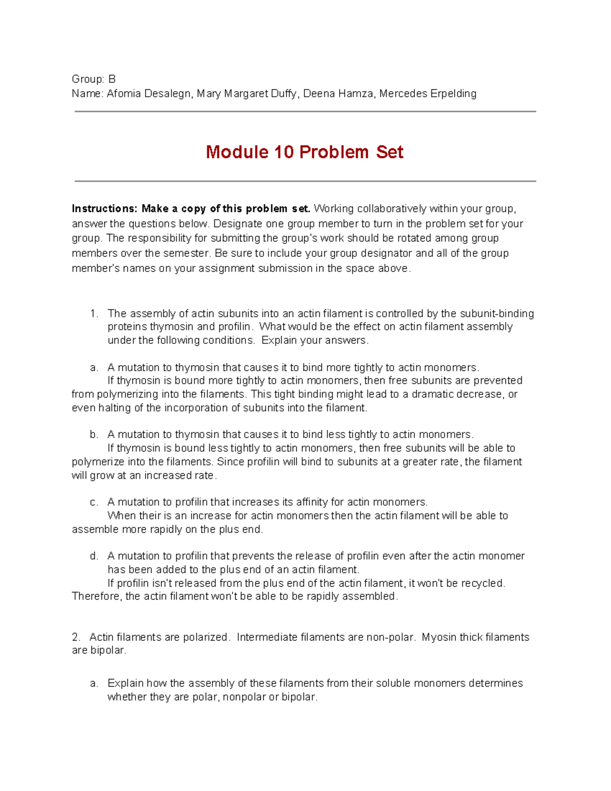 Cell Biology Module 10 Problem Set - Group: B Name: Afomia Desalegn ...