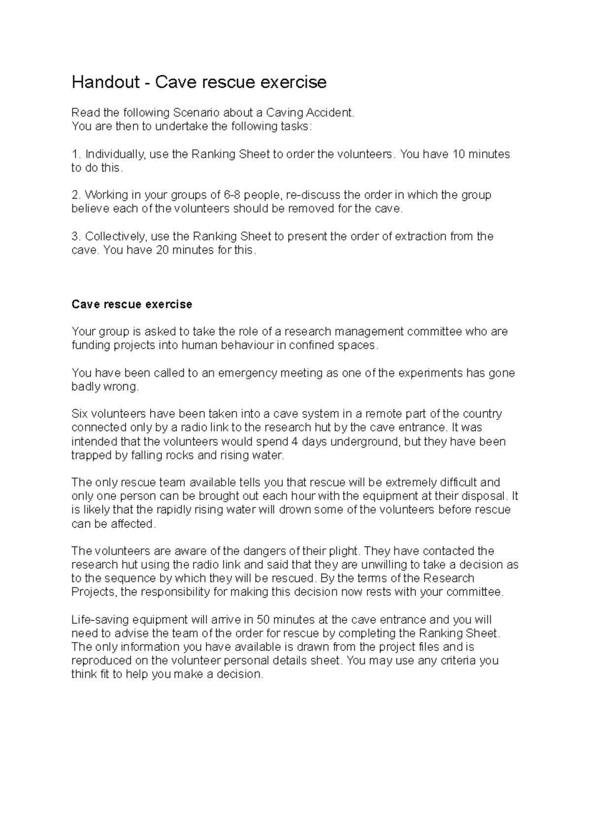 Handout - ok. - Handout - Cave rescue exercise Read the following ...