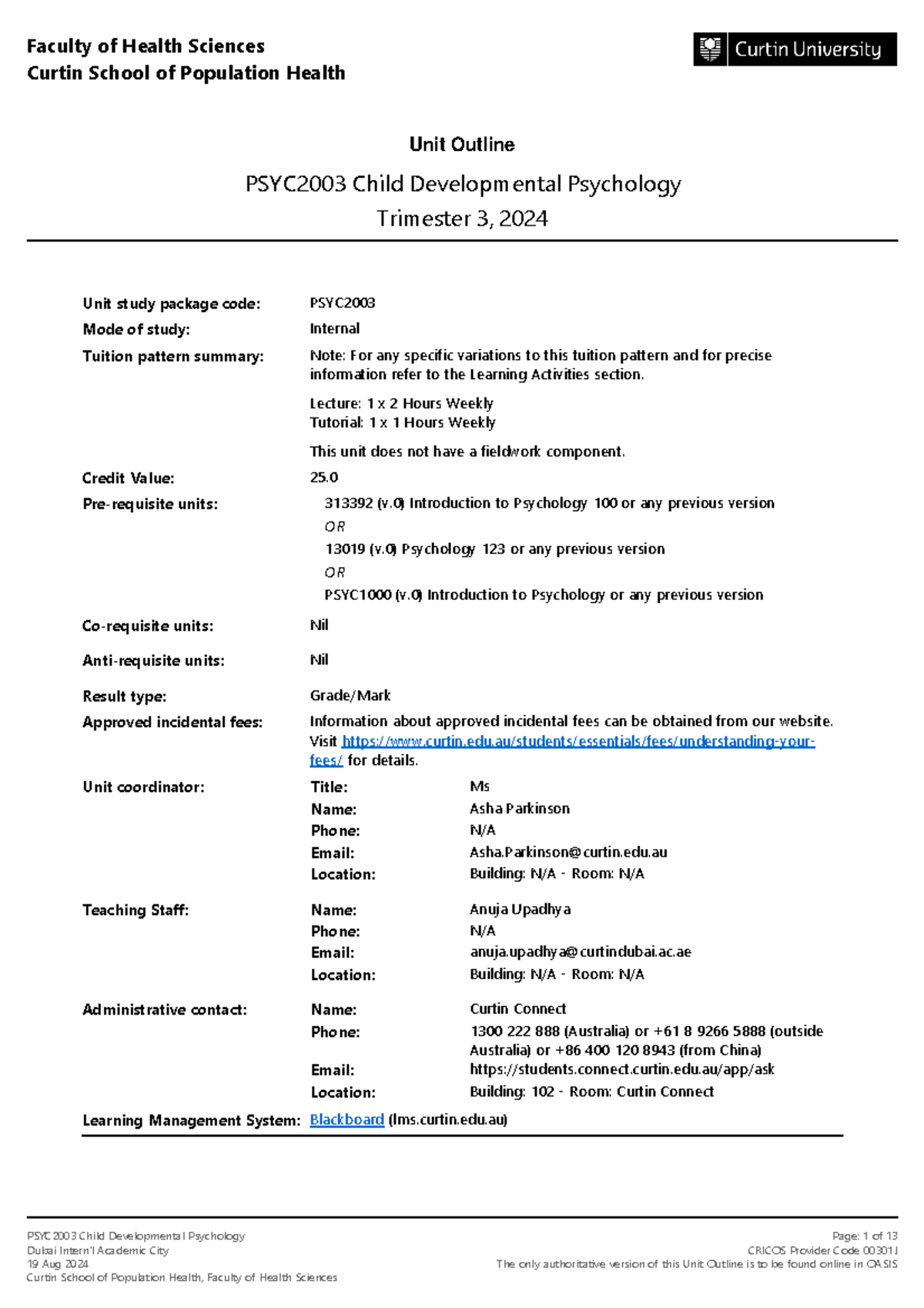PSYC2003 Child Developmental Psychology Unit Outline - Unit study ...