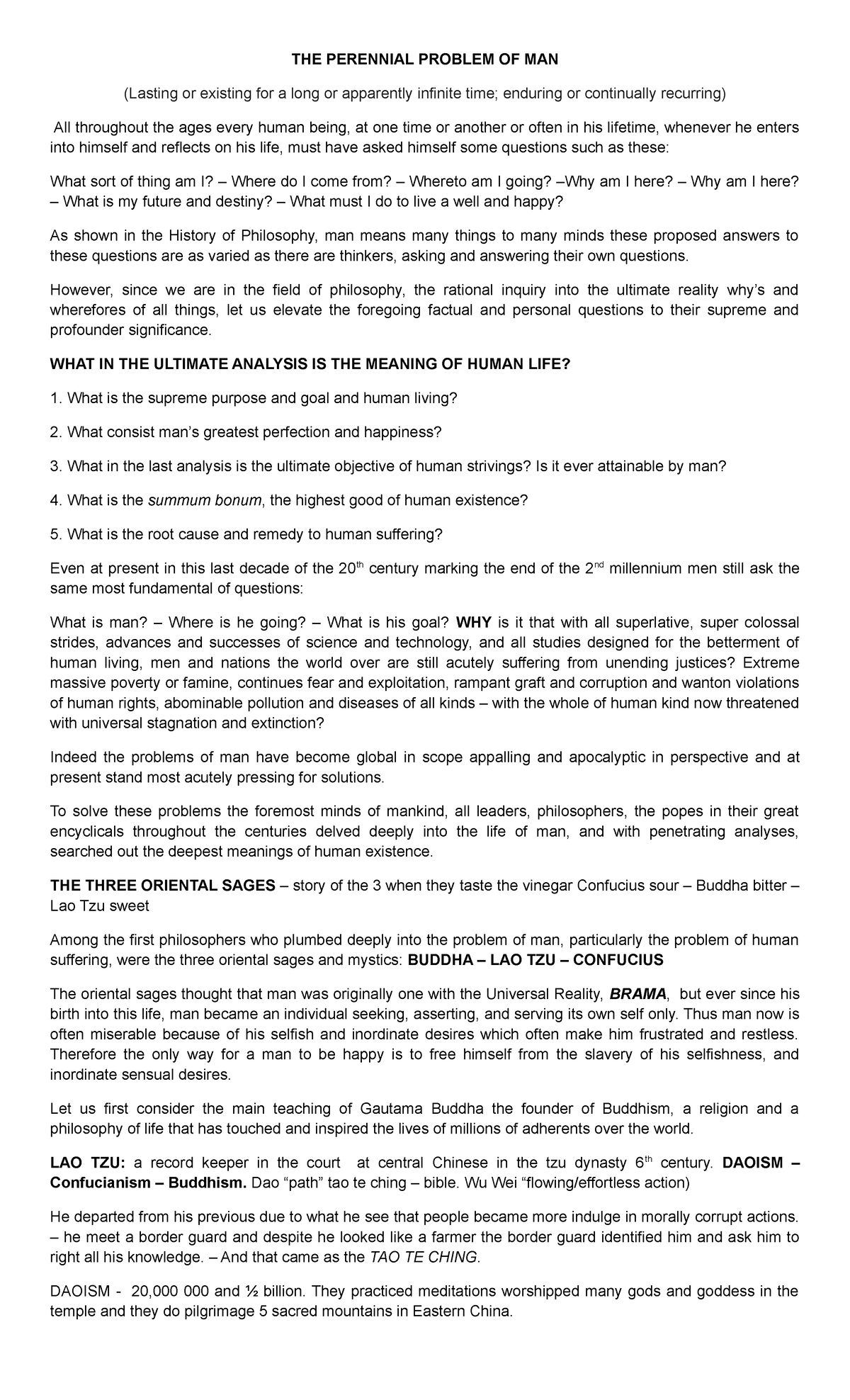 3rd WEEK perrinial problem of man - THE PERENNIAL PROBLEM OF MAN ...