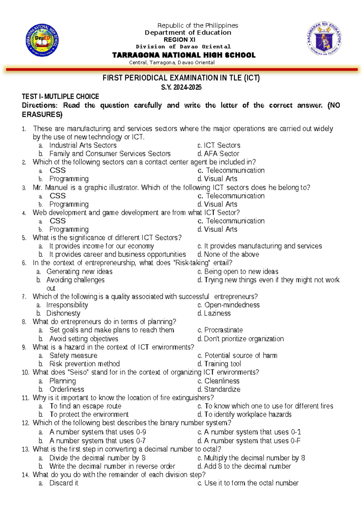 Periodical TEST IN TLE - SAMPLE - Republic of the Philippines ...