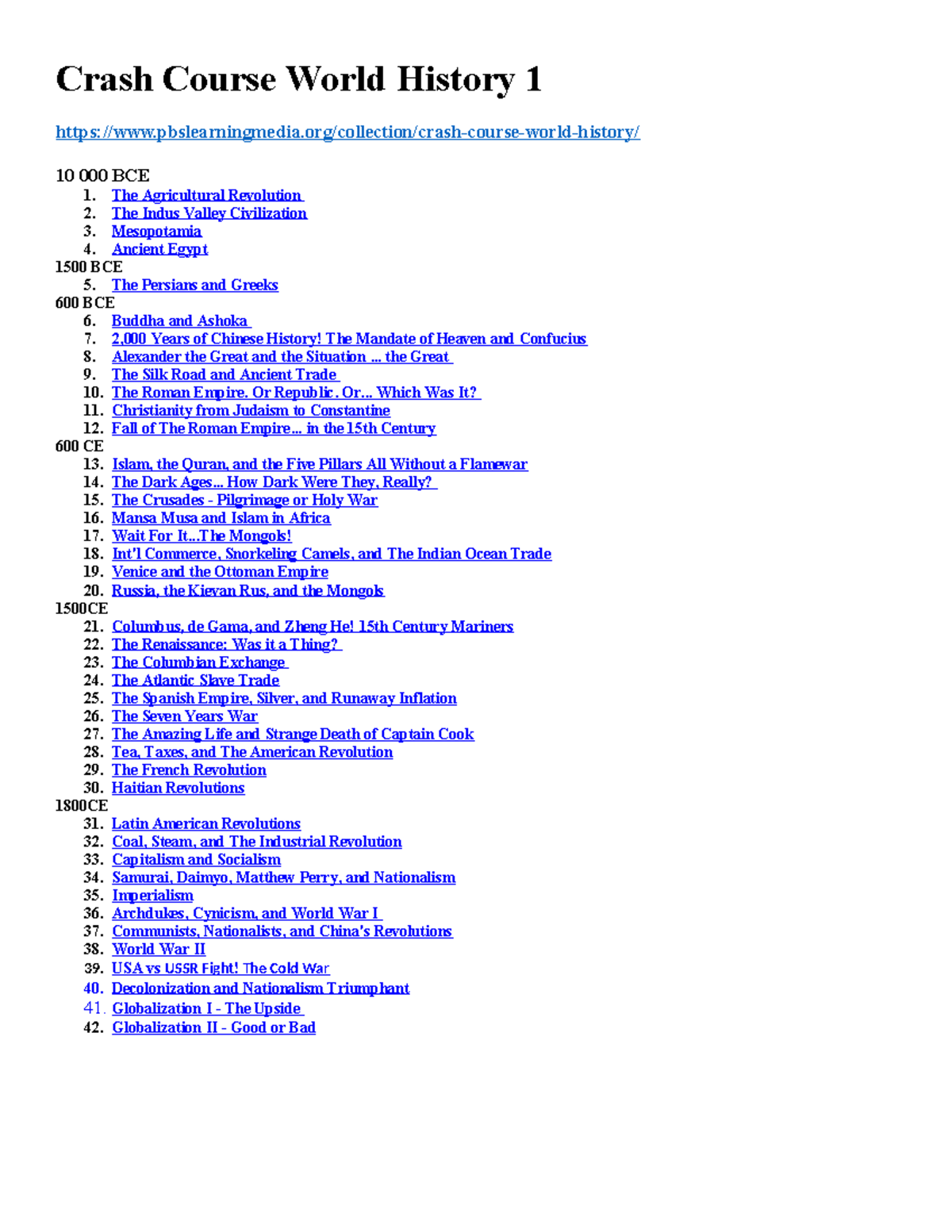 04 Crash Course World History I Contents and Link - Crash Course World ...