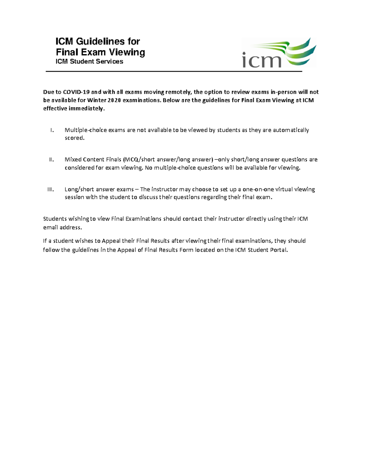 Guidelines for Final Exam Viewing - ICM Guidelines for Final Exam ...