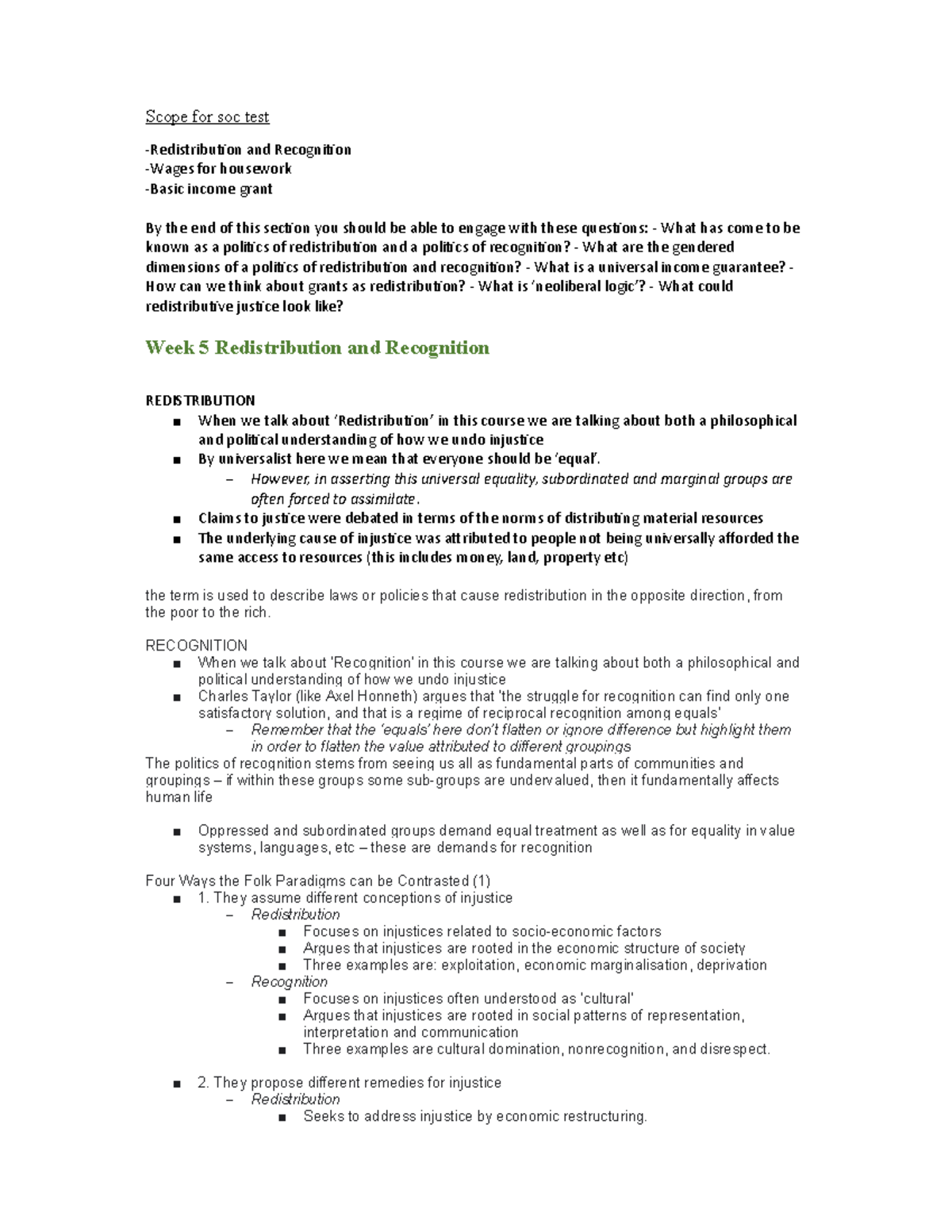Soc notes - Scope for soc test -RedistribuƟon and RecogniƟon -Wages for ...
