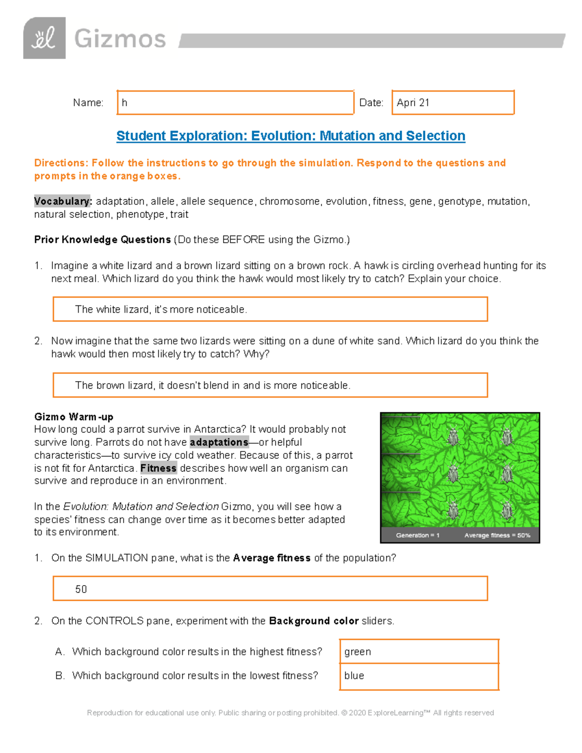 Copy of Evolution Mutation Selection SE - Name: h Date: Apri 21 Student ...