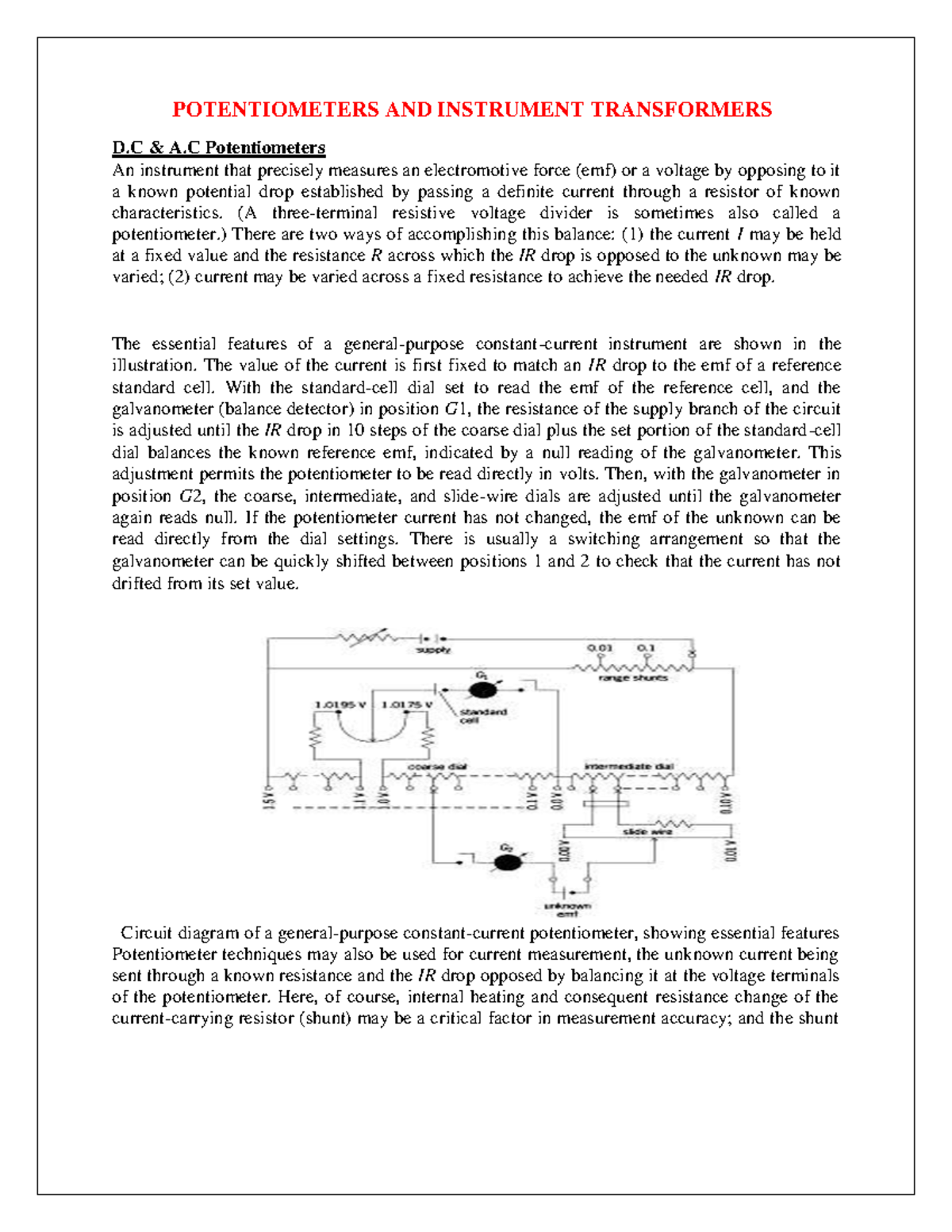 Potentiometers AND Instrument Transformers - ####### UNIT – II ####### POTENTIOMETERS AND ...