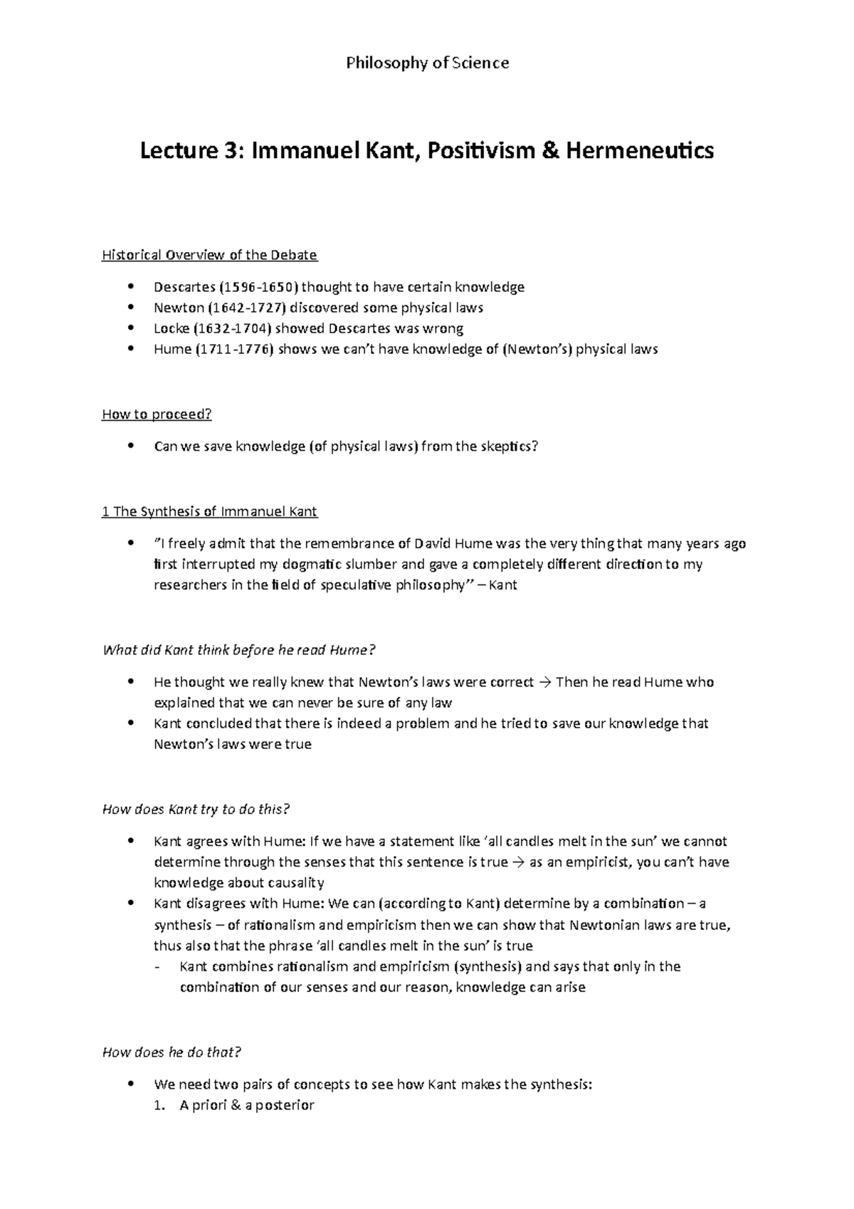 Philosophy of Science Lecture 3 - Immanuel Kant, Positivism ...