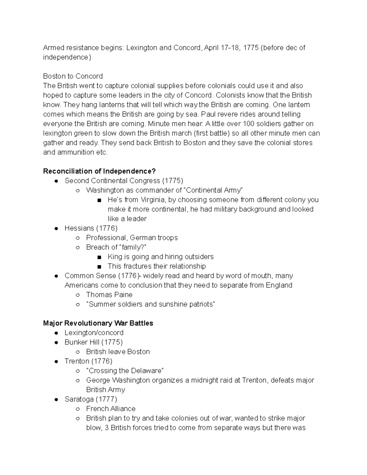 HIS106 Ch. 4 Notes - Armed resistance begins: Lexington and Concord ...