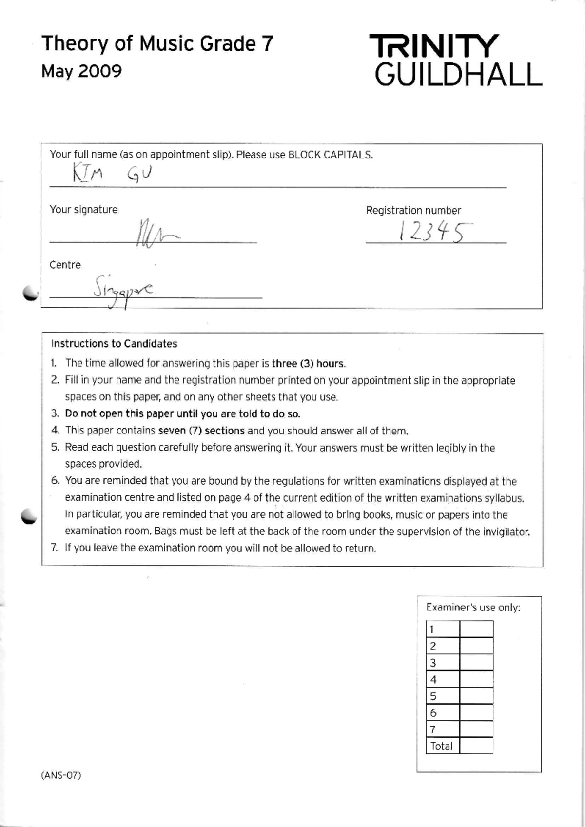 Trinity G7 2009 A - Theory of Music Grade 7 May 2OO ####### TR!NITY ...