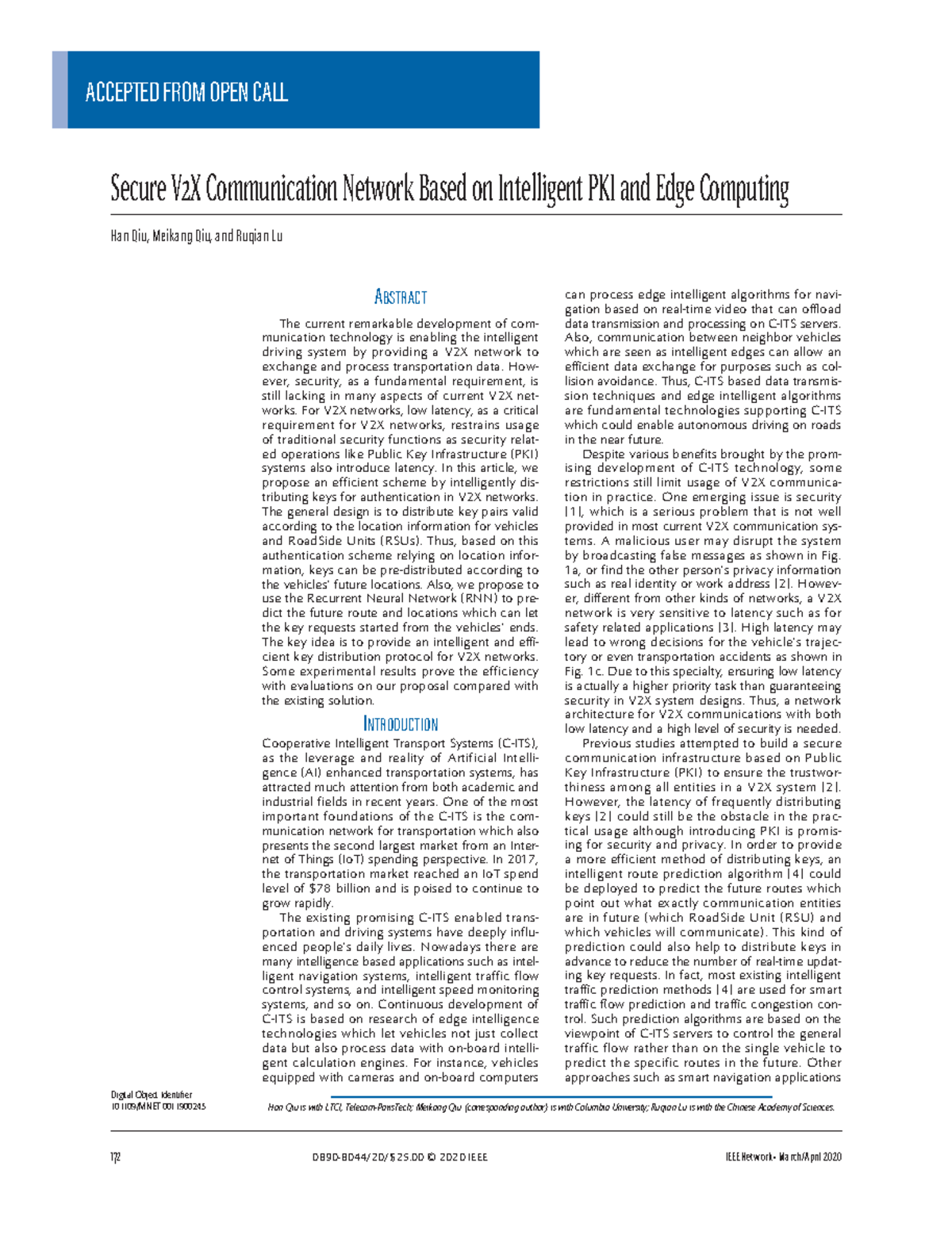 Secure V2X Communication Network based on Intelligent PKI and Edge Computing - 172 0890-8044/20 ...