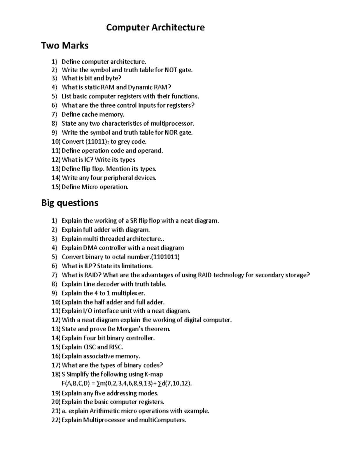Computer Architecture important questions of bca 2nd sem bangalore ...