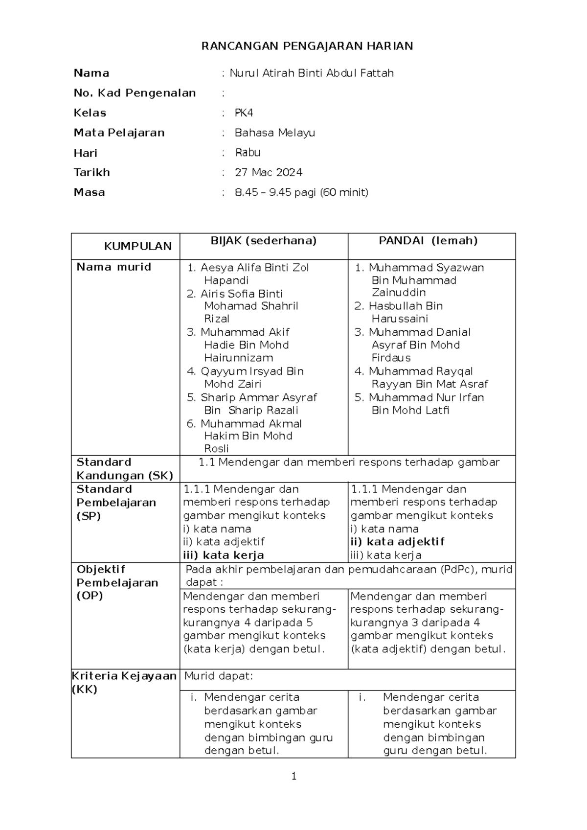 RPH bm m9 rabu PR - RANCANGAN PENGAJARAN HARIAN Nama : Nurul Atirah ...
