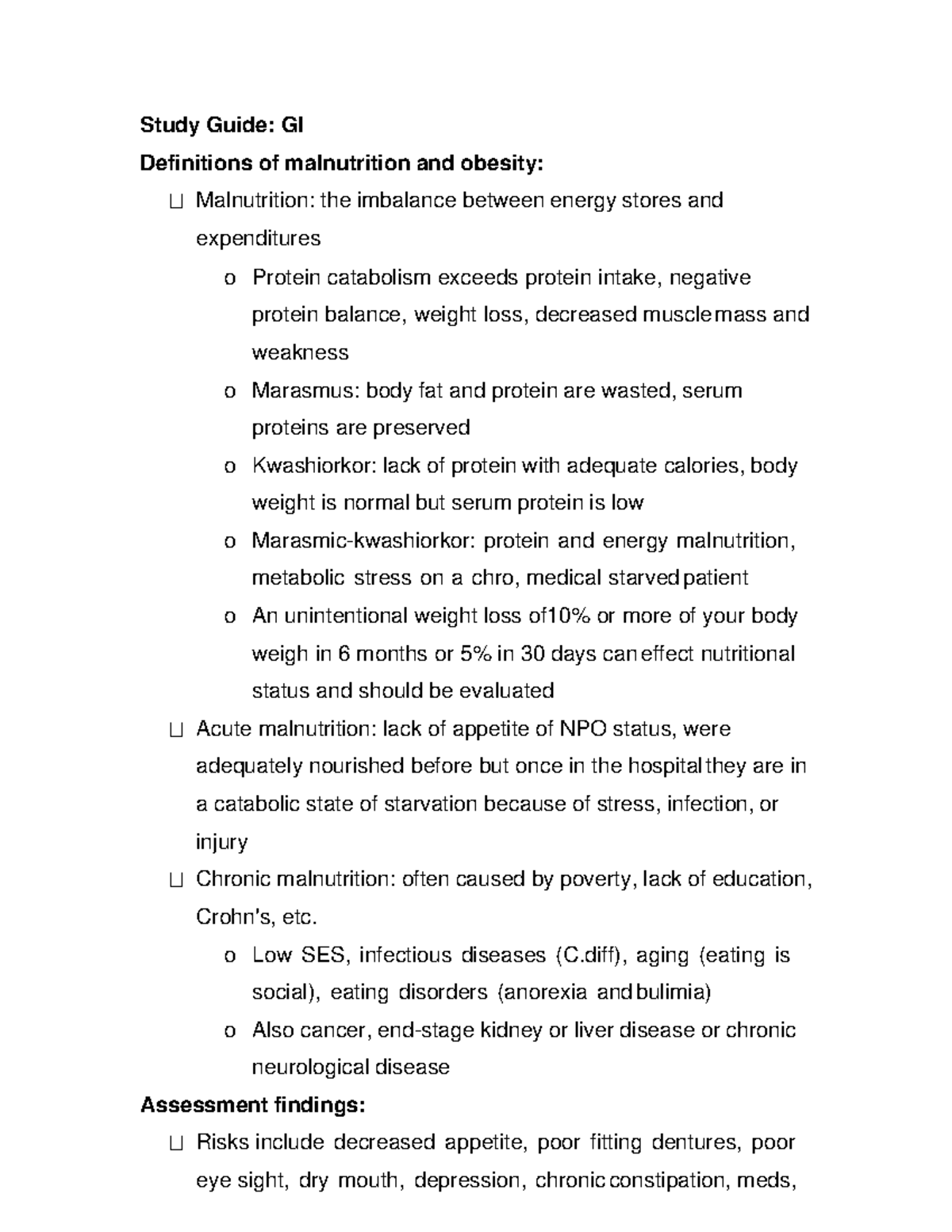 GI Review 2 - Study Guide: GI Definitions of malnutrition and obesity ...