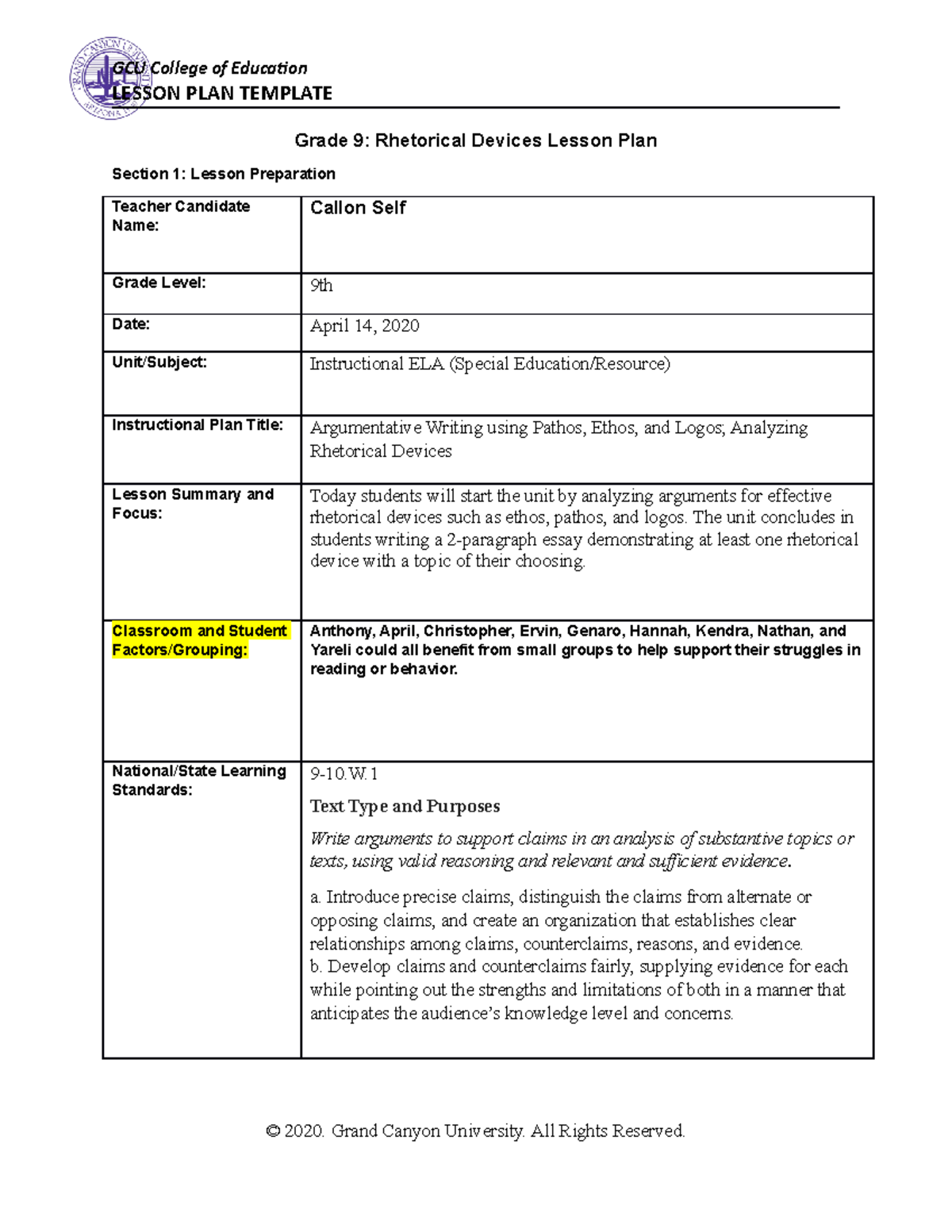 Self SPD-200-Grade-9-Rhetorical-Devices-Lesson-Plan - LESSON PLAN ...