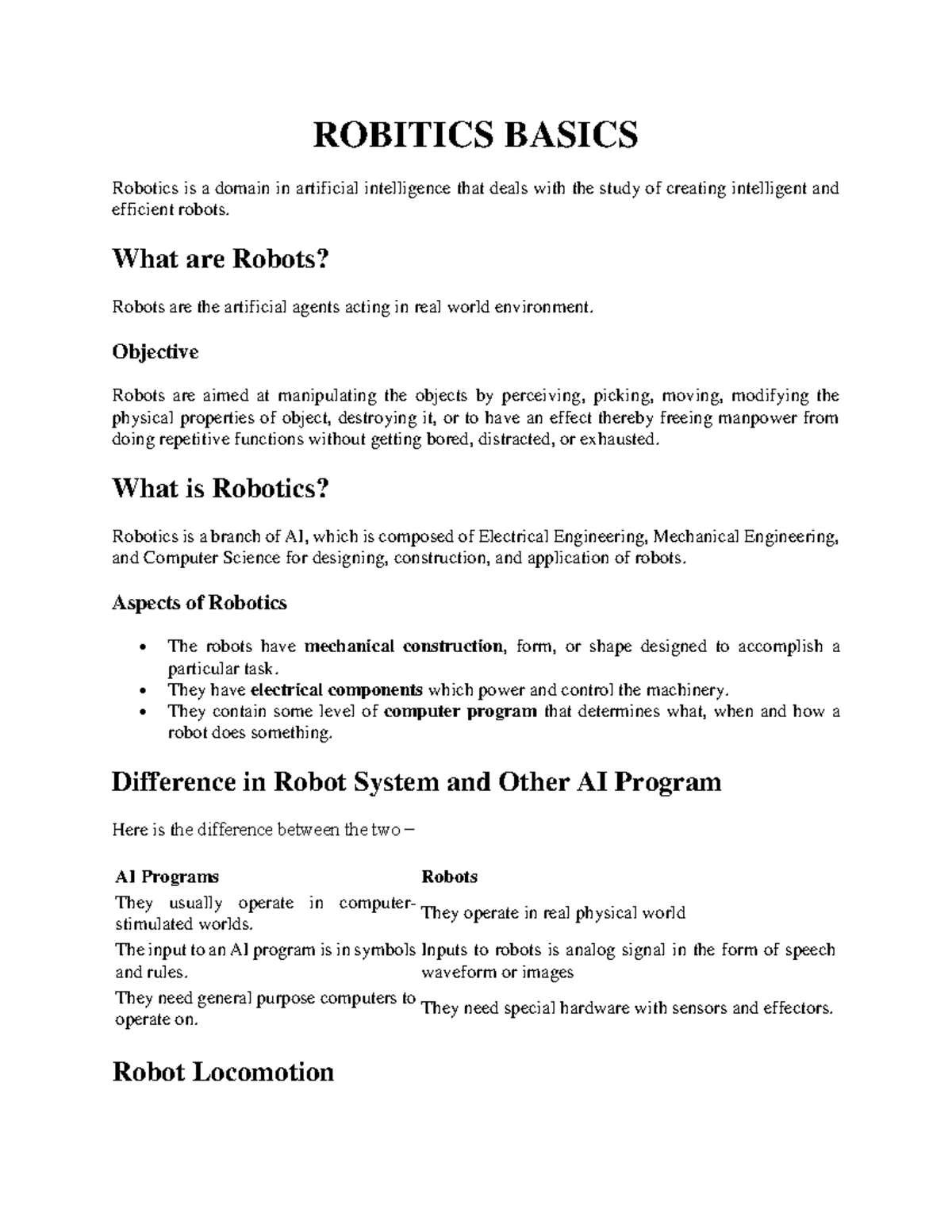 Robotics - ROBITICS BASICS Robotics is a domain in artificial ...