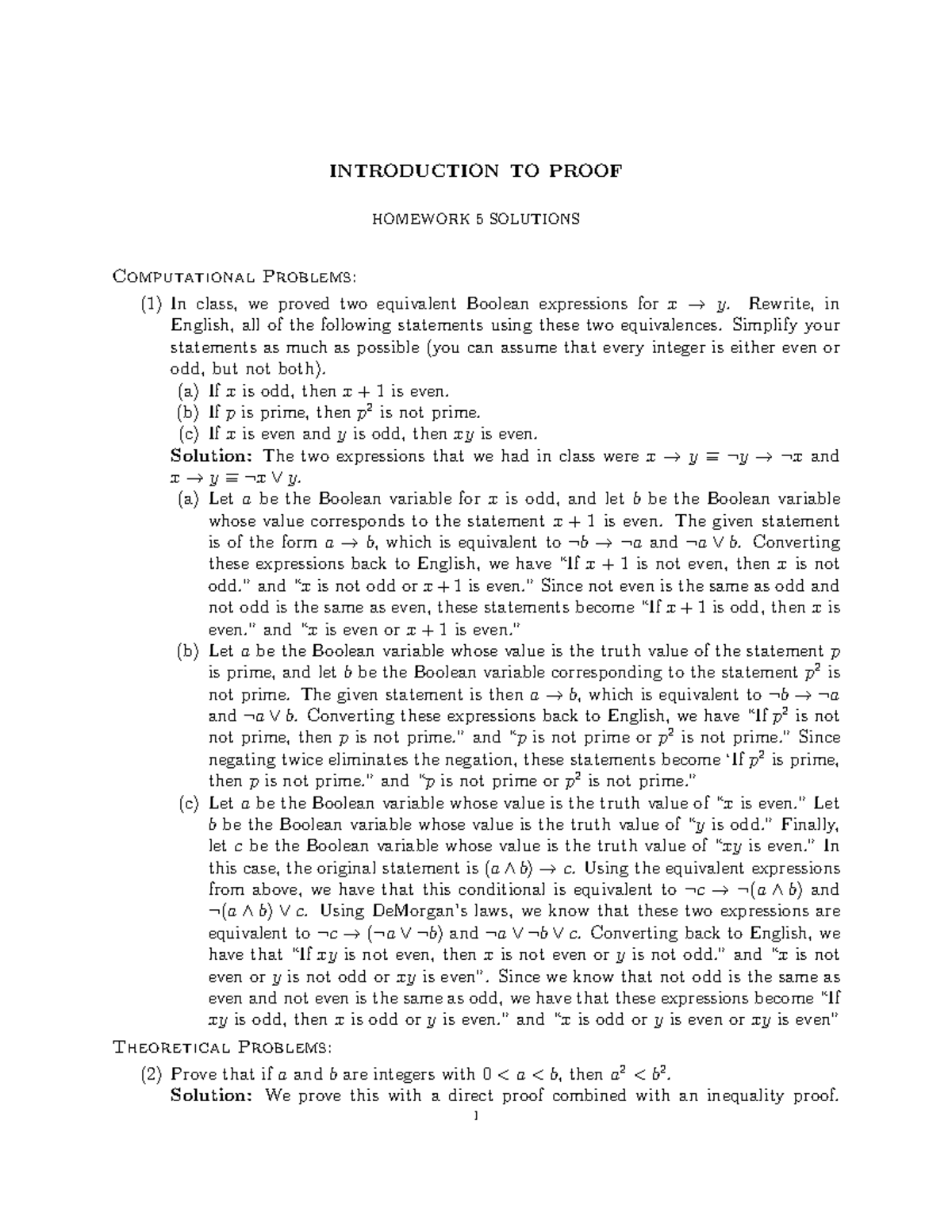 Homework 5 Solutions Introduction To Proof Homework 5 Solutions Computational Problems 1 In