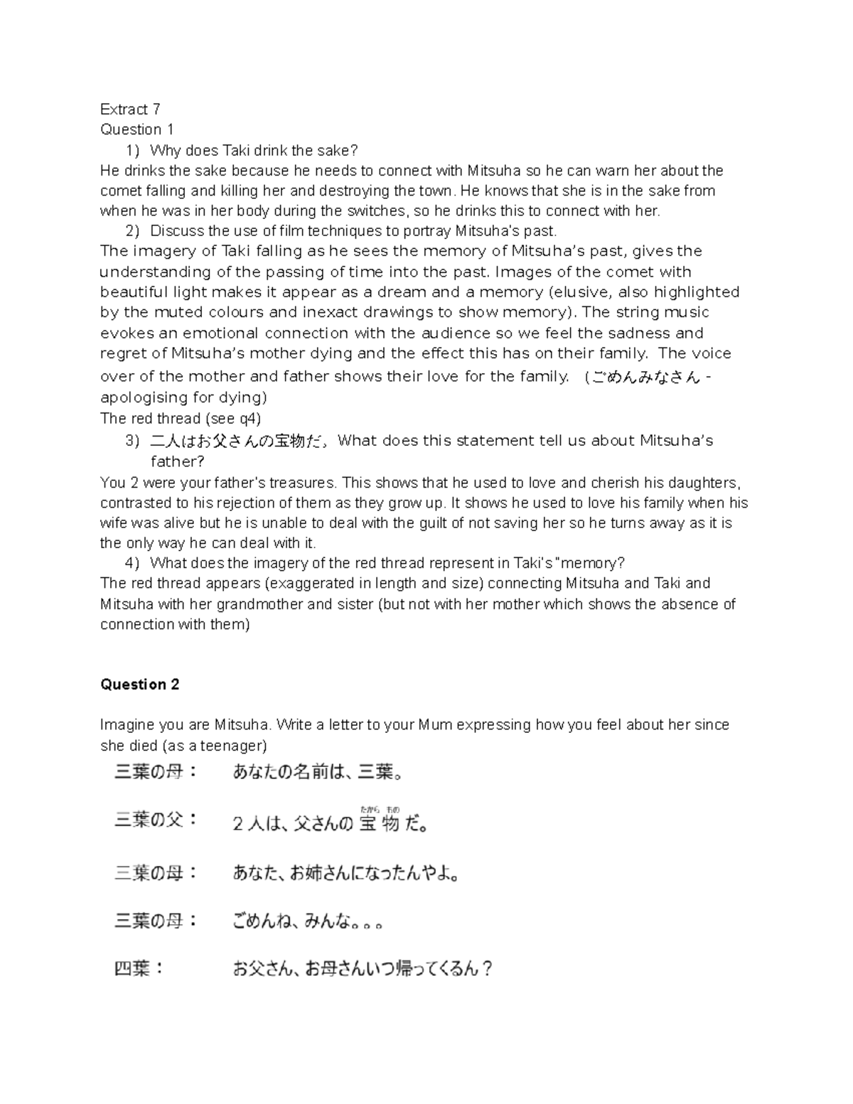 Part A B Qs Ex. 7 - kimi no na wa - Extract 7 Question 1 1) Why does ...
