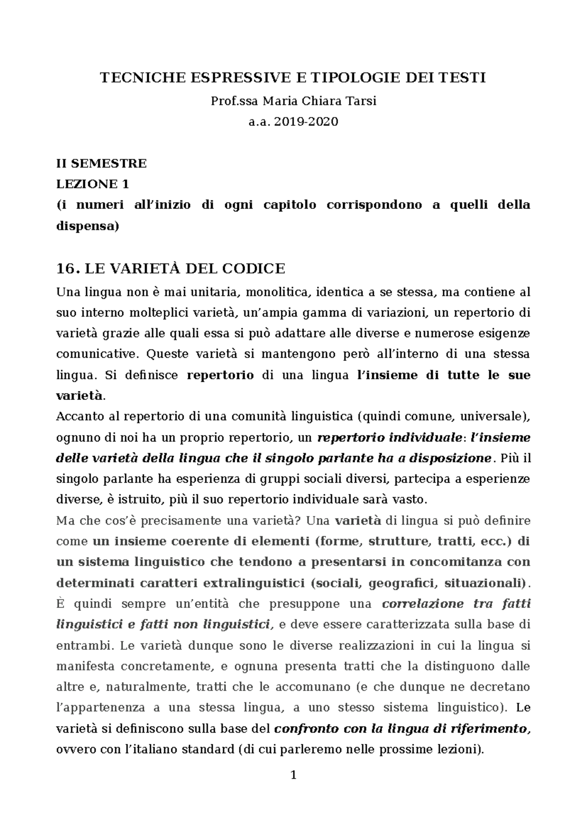 Lezione 1 (varietà del codice) - TECNICHE ESPRESSIVE E TIPOLOGIE DEI ...