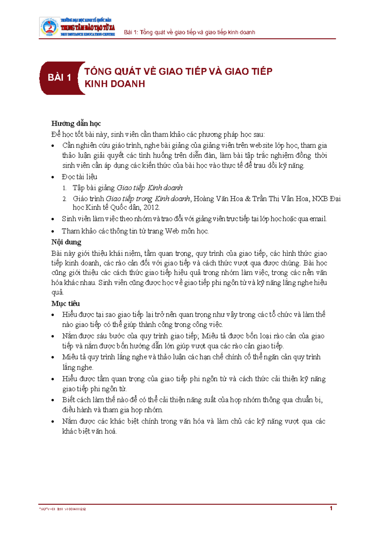 Bai giang giao tiep kinh doanh - BÀI 1 TỔNG QUÁT VỀ GIAO TIẾP VÀ GIAO TIẾP KINH DOANH Hướng dẫn ...