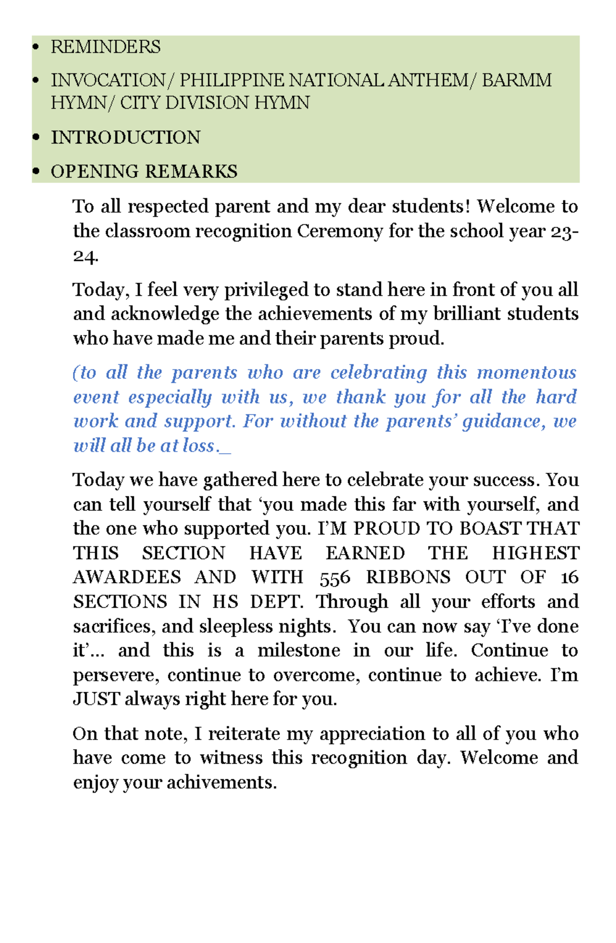 Classroom recog. script final (my opening & closing remarks ...