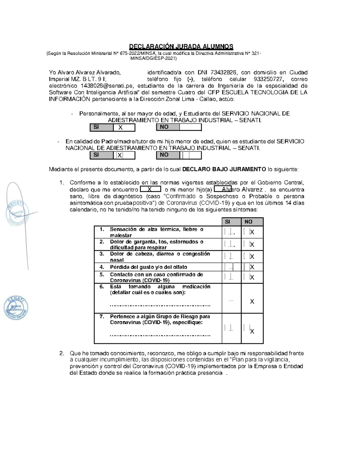 Anexo N° 02 - Declaración Jurada de Alumnos - SI NO 1. Sensación de ...