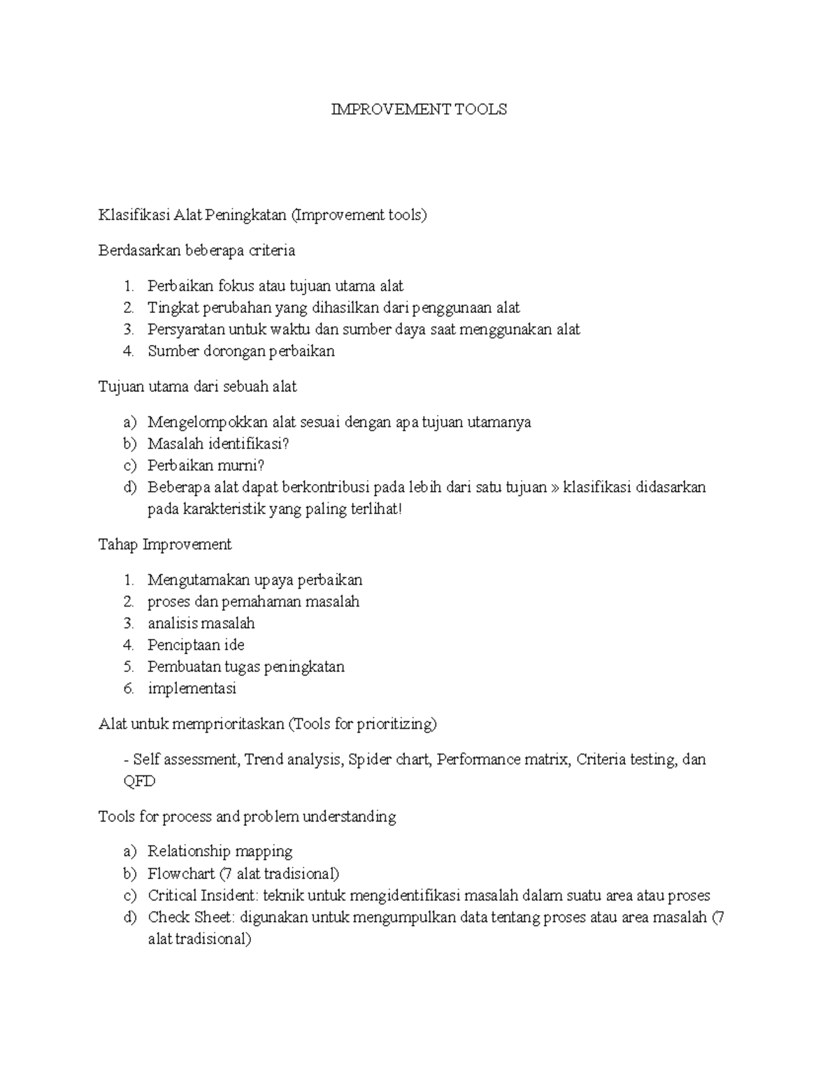 Improvement Tools - IMPROVEMENT TOOLS Klasifikasi Alat Peningkatan ...