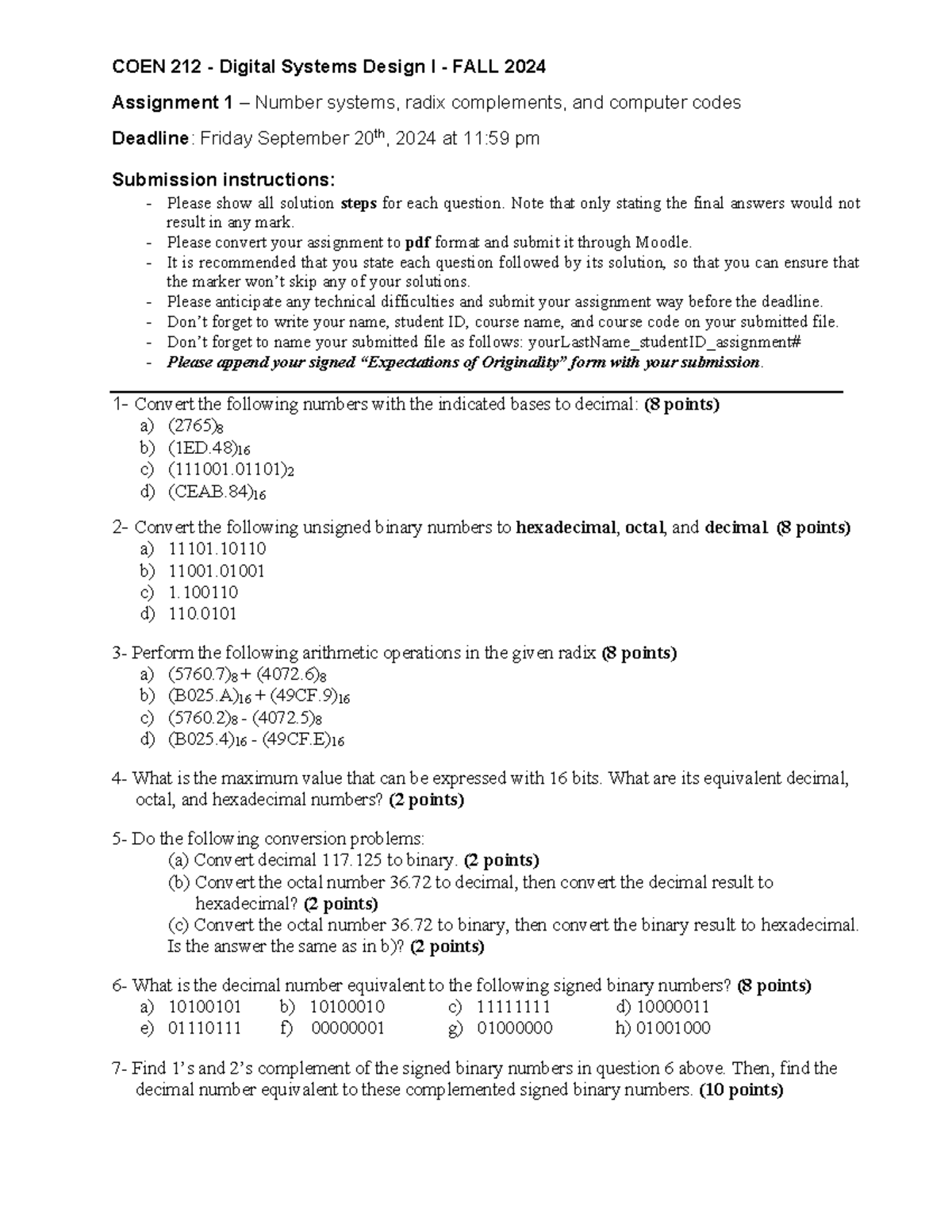 Assignment 1 instructions - COEN 212 - Digital Systems Design I - FALL ...