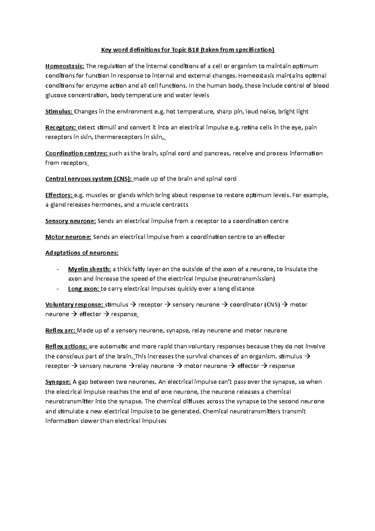Key word definitions for Topic B10 - Homeostasis maintains optimal ...