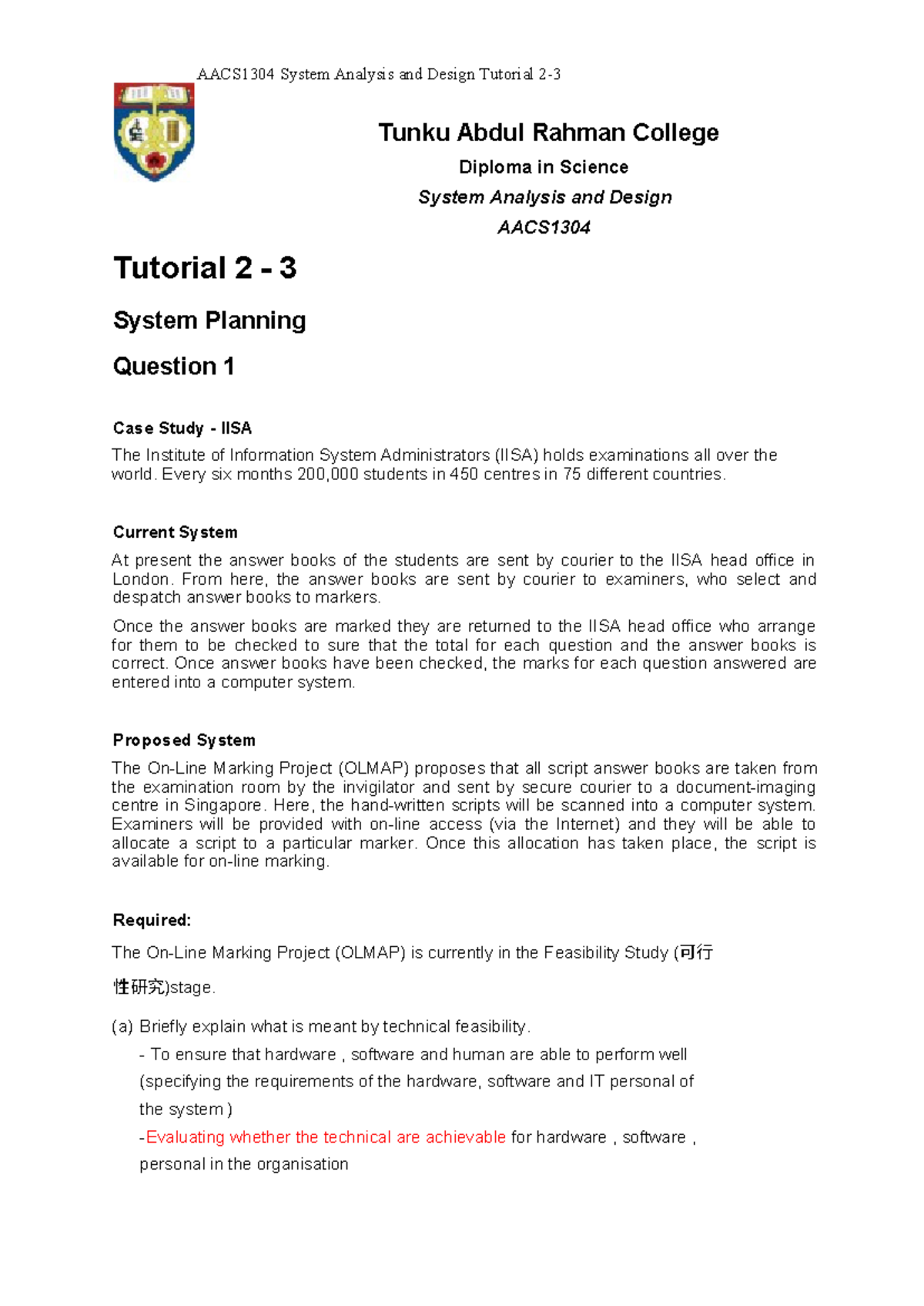 02-03-ADIS-Tutorial-System Planning-Qus 202223 - AACS1304 System Analysis and Design Tutorial 2 ...