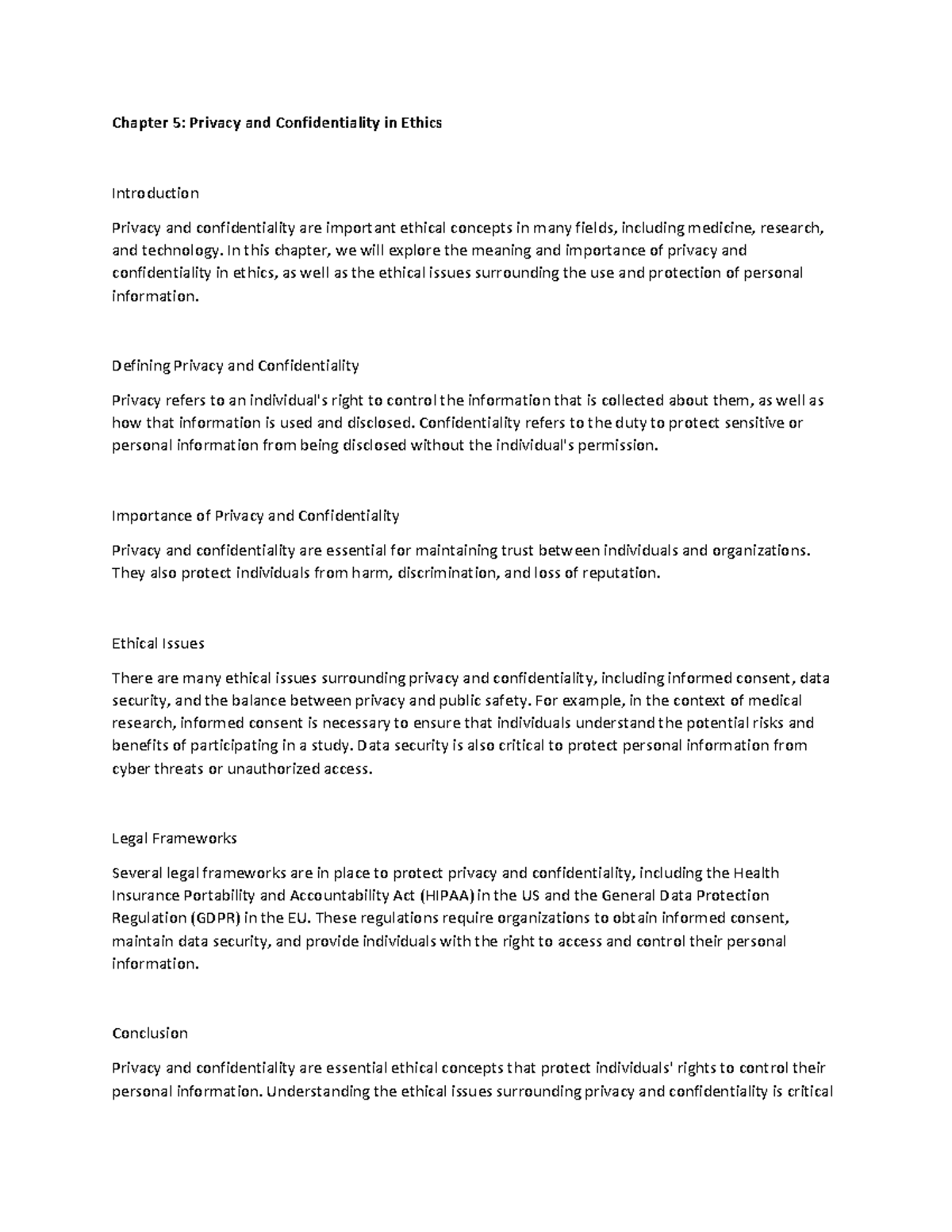 Chapter 5: Privacy and Confidentiality in Ethics - In this chapter, we ...