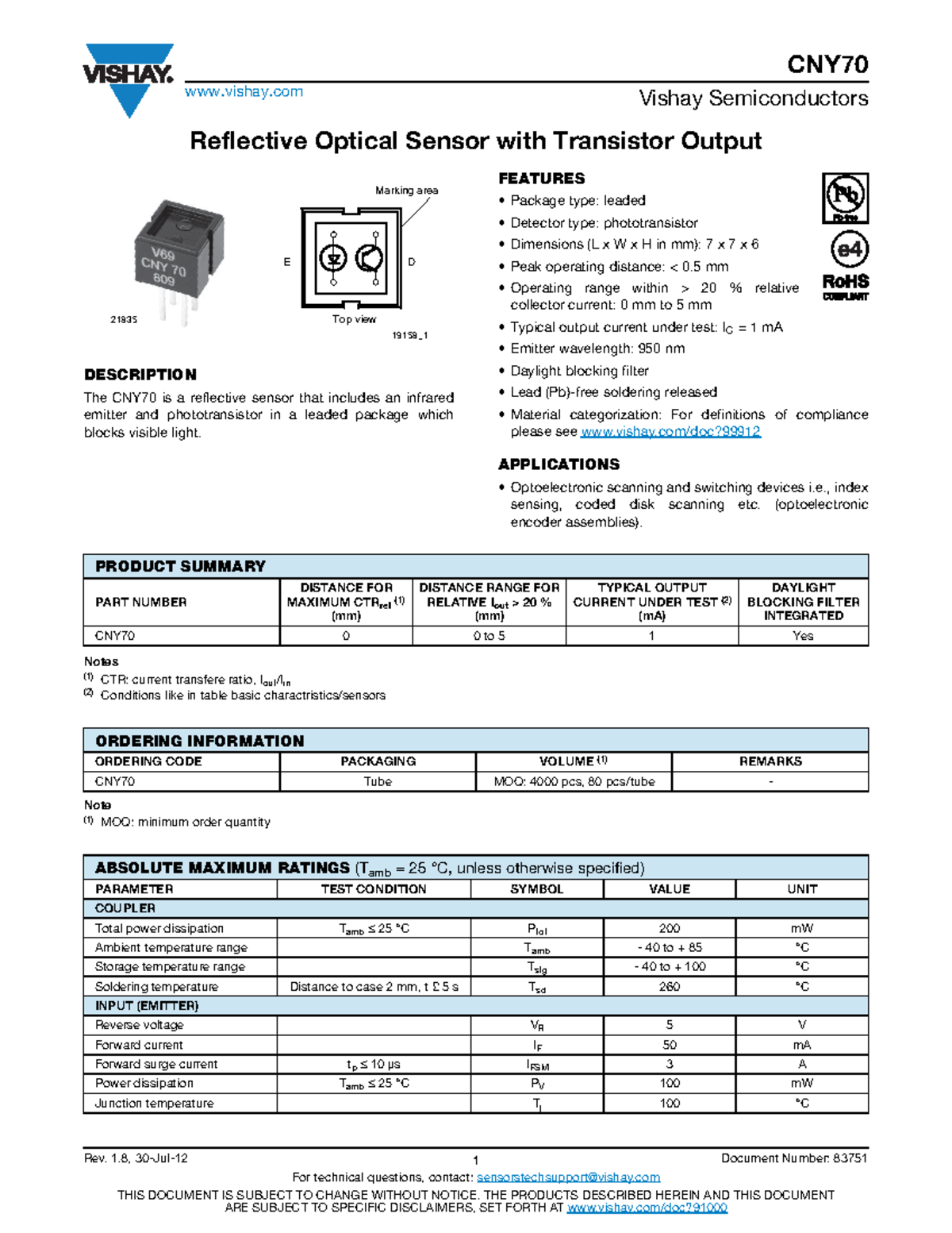 Cny70 - componenti e datasheets - CNY vishay Vishay Semiconductors Rev. 1, 30-Jul-12 1 Document ...